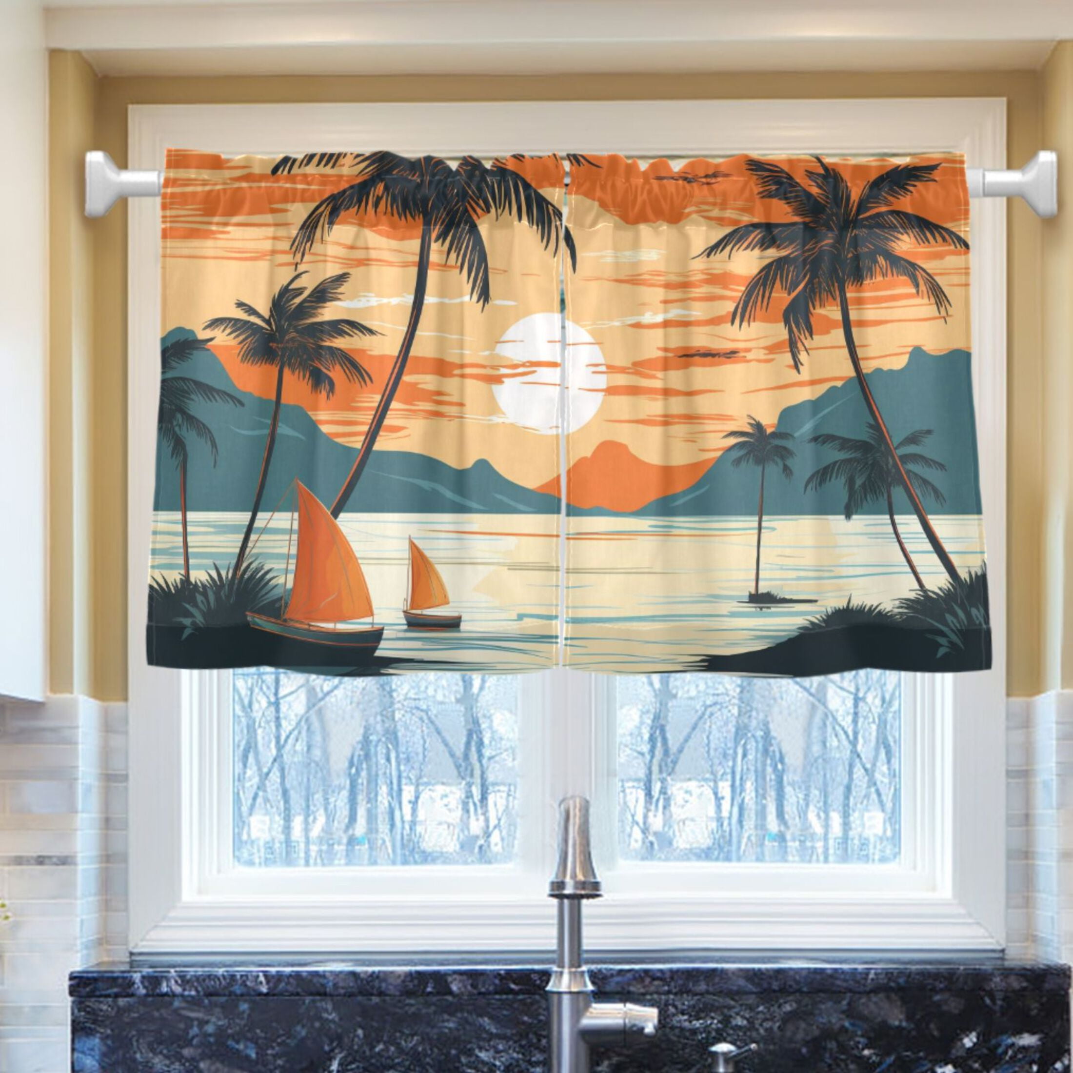 Ryvnso Palm Tree Sunset Landscape Half Curtains Sets Tier 2 Panels ...