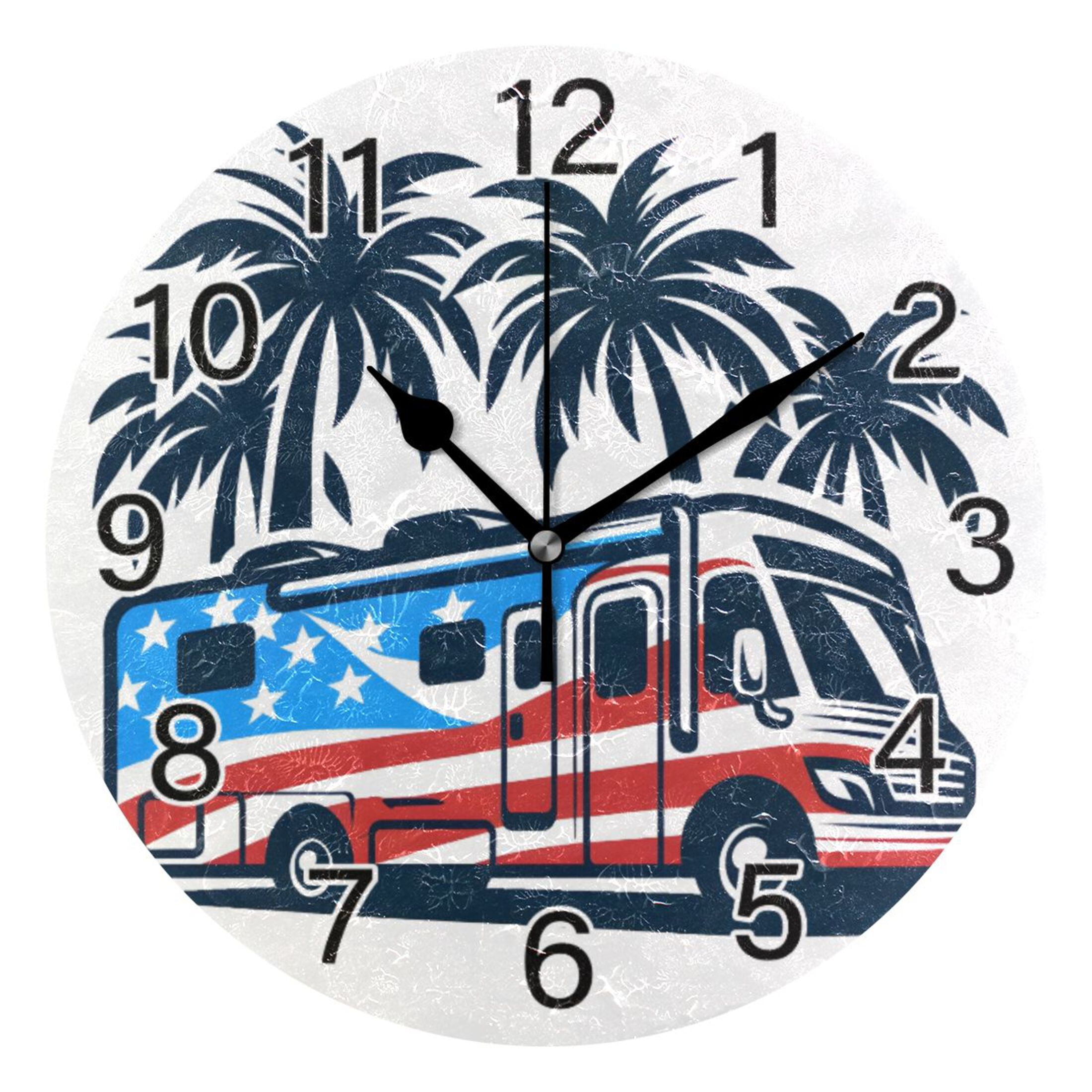 Ryvnso Palm Tree and Bus Wall Clock Non Ticking Silent Kitchen Clock ...