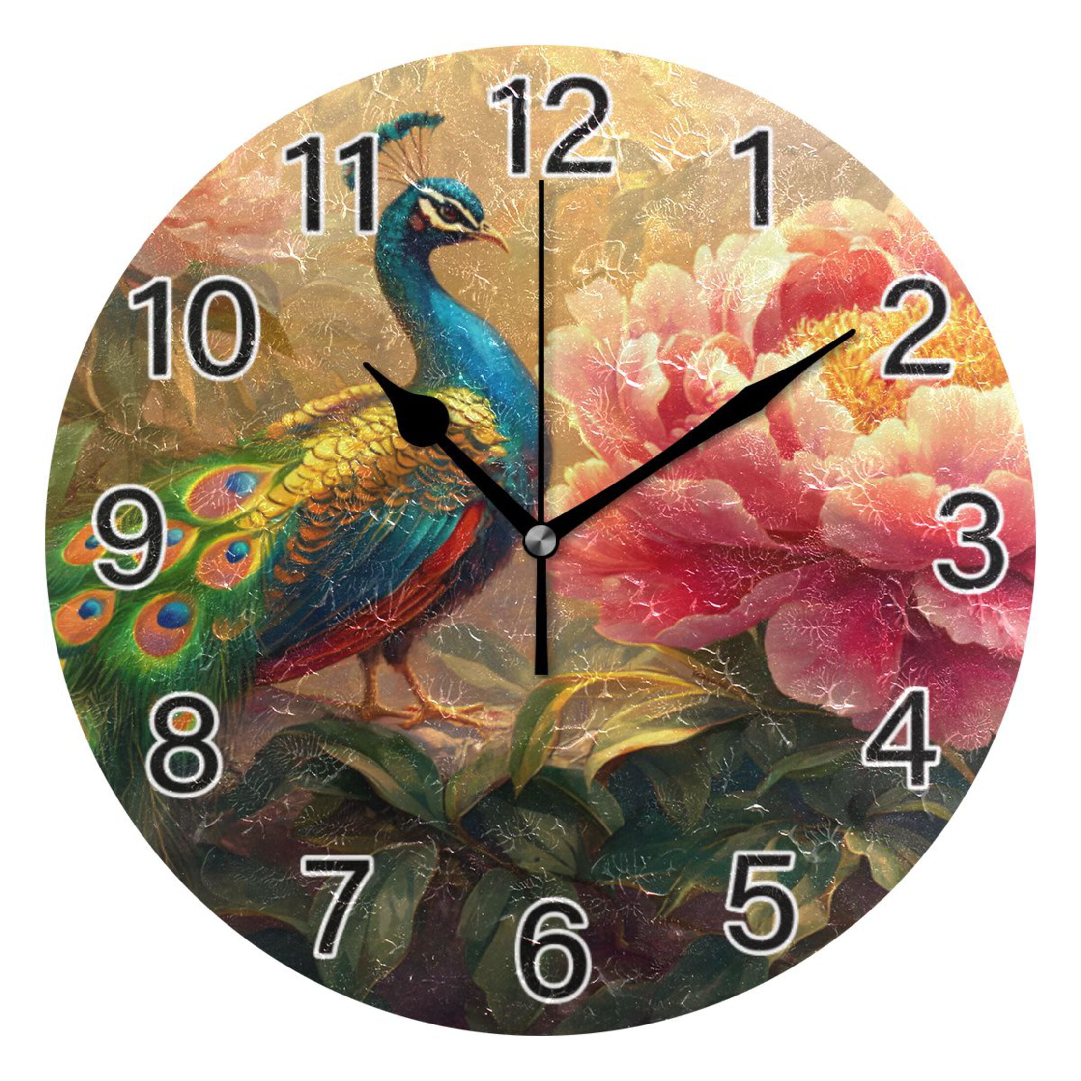 Ryvnso Peacocks Peony Flower Wall Clock Non Ticking Silent Kitchen ...