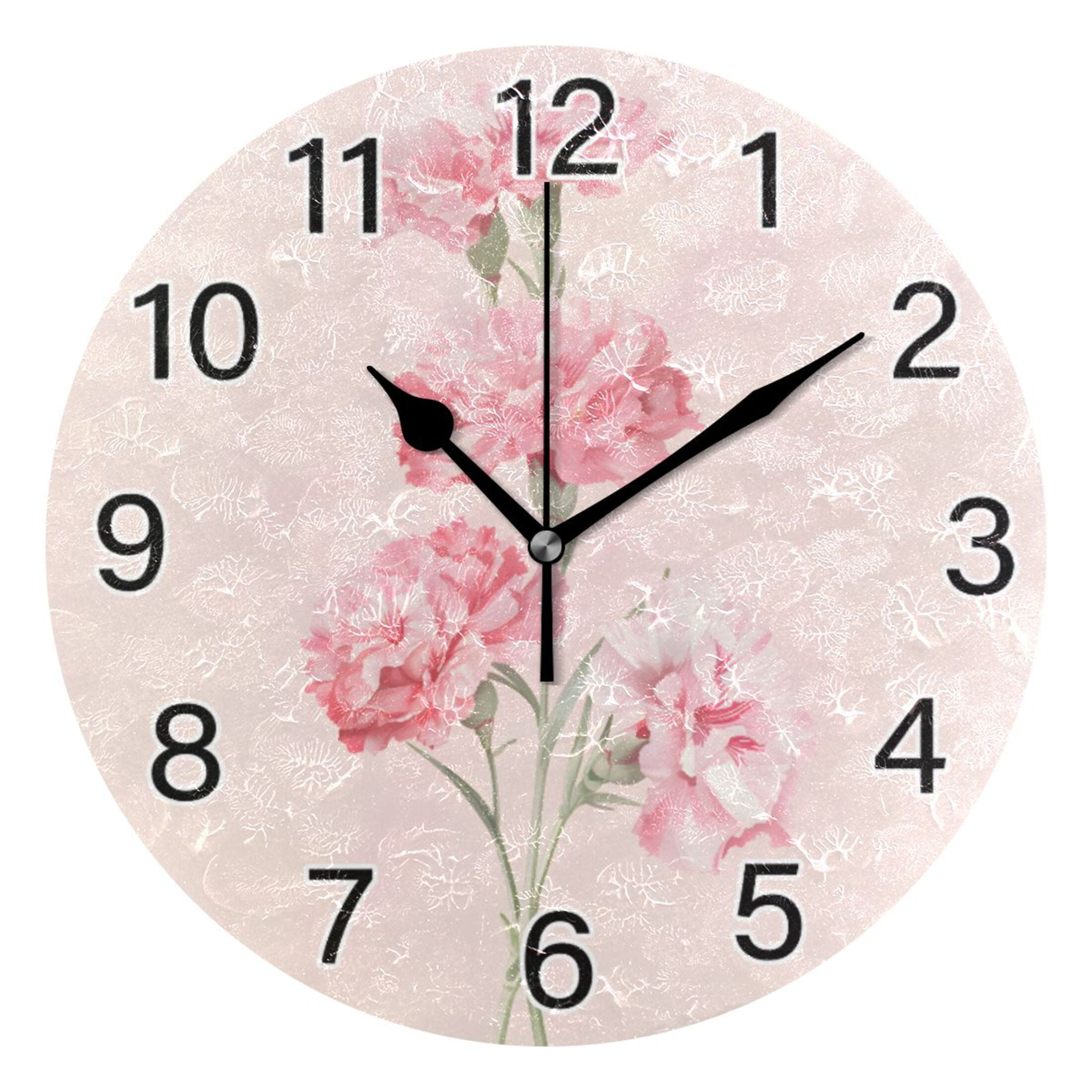 Ryvnso Pink Carnation Wall Clock Non Ticking Silent Kitchen Clock ...