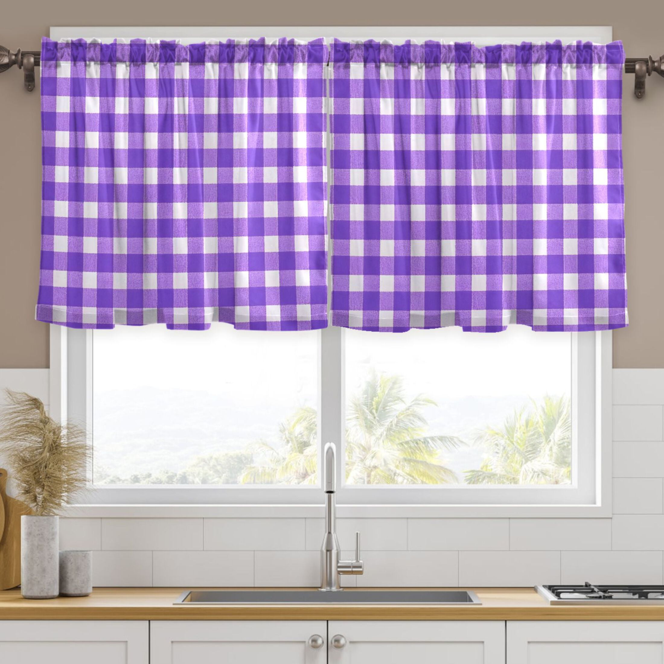 Ryvnso Purple Checkered Grid Curtains Sets Short Curtain Rod Pocket ...