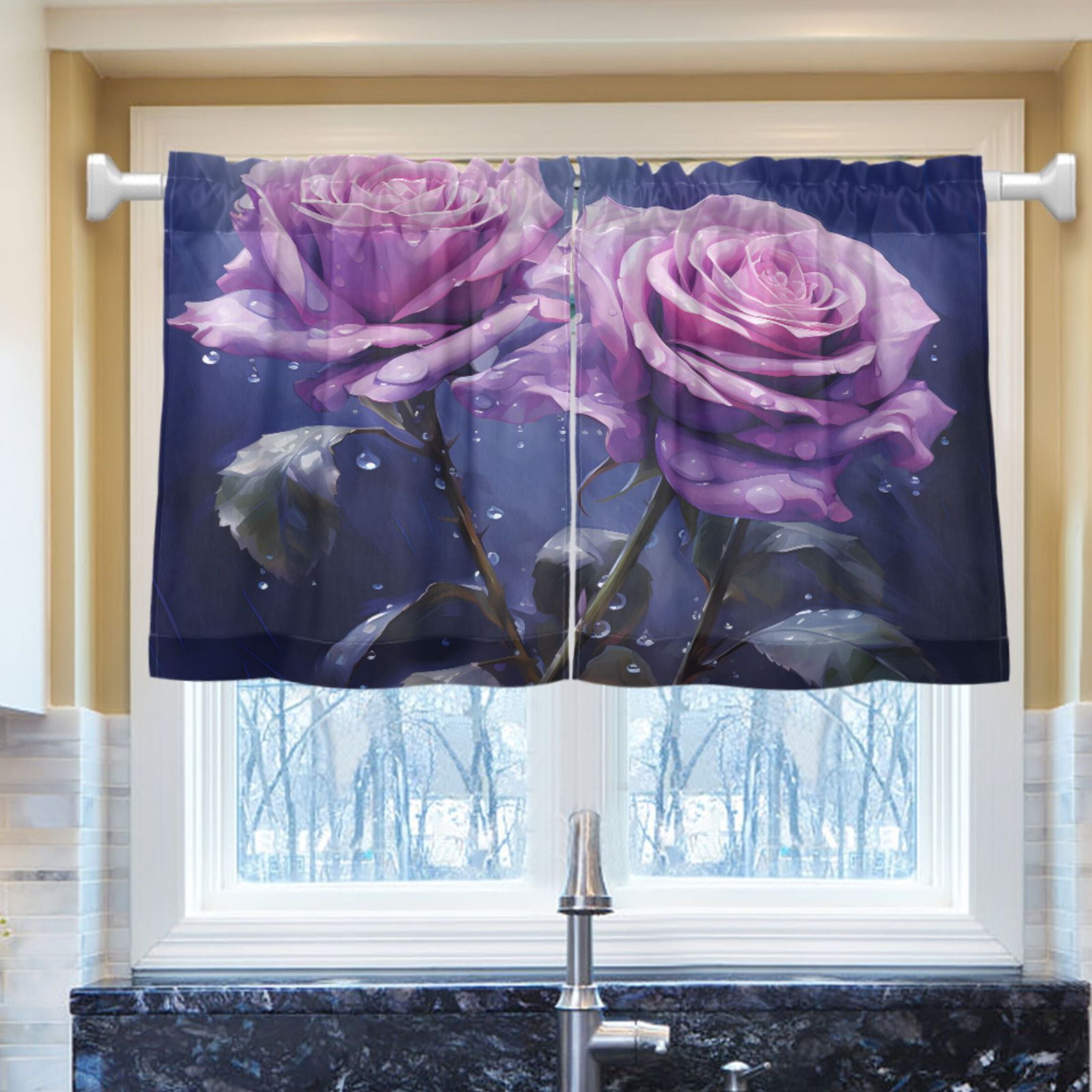 Ryvnso Purple Rose Flower Half Curtains Sets Tier 2 Panels Short ...