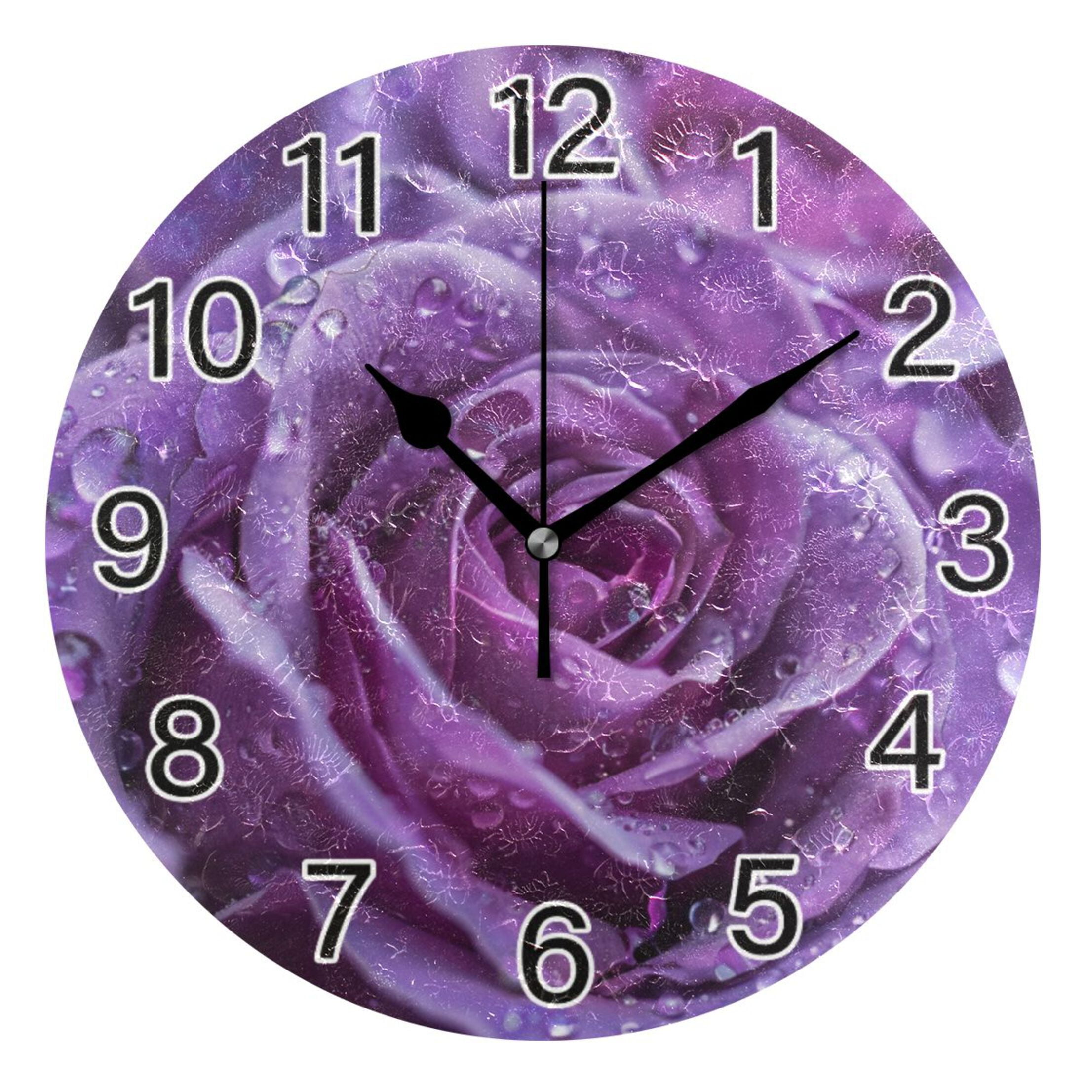 Ryvnso Purple Rose Flowers Wall Clock Non Ticking Silent Kitchen Clock ...