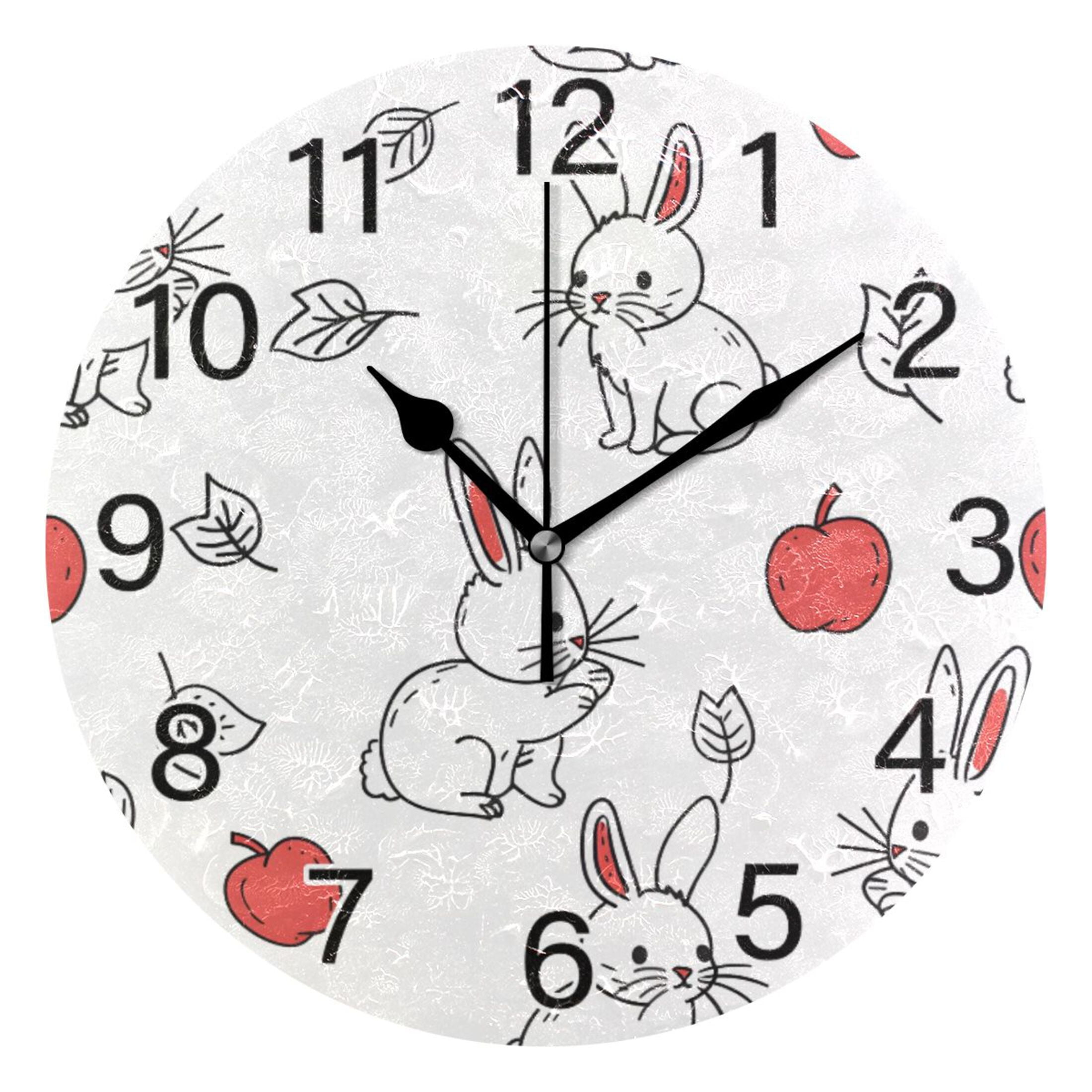 Ryvnso Rabbit and Apple Hand Draw Wall Clock Non Ticking Silent Kitchen ...