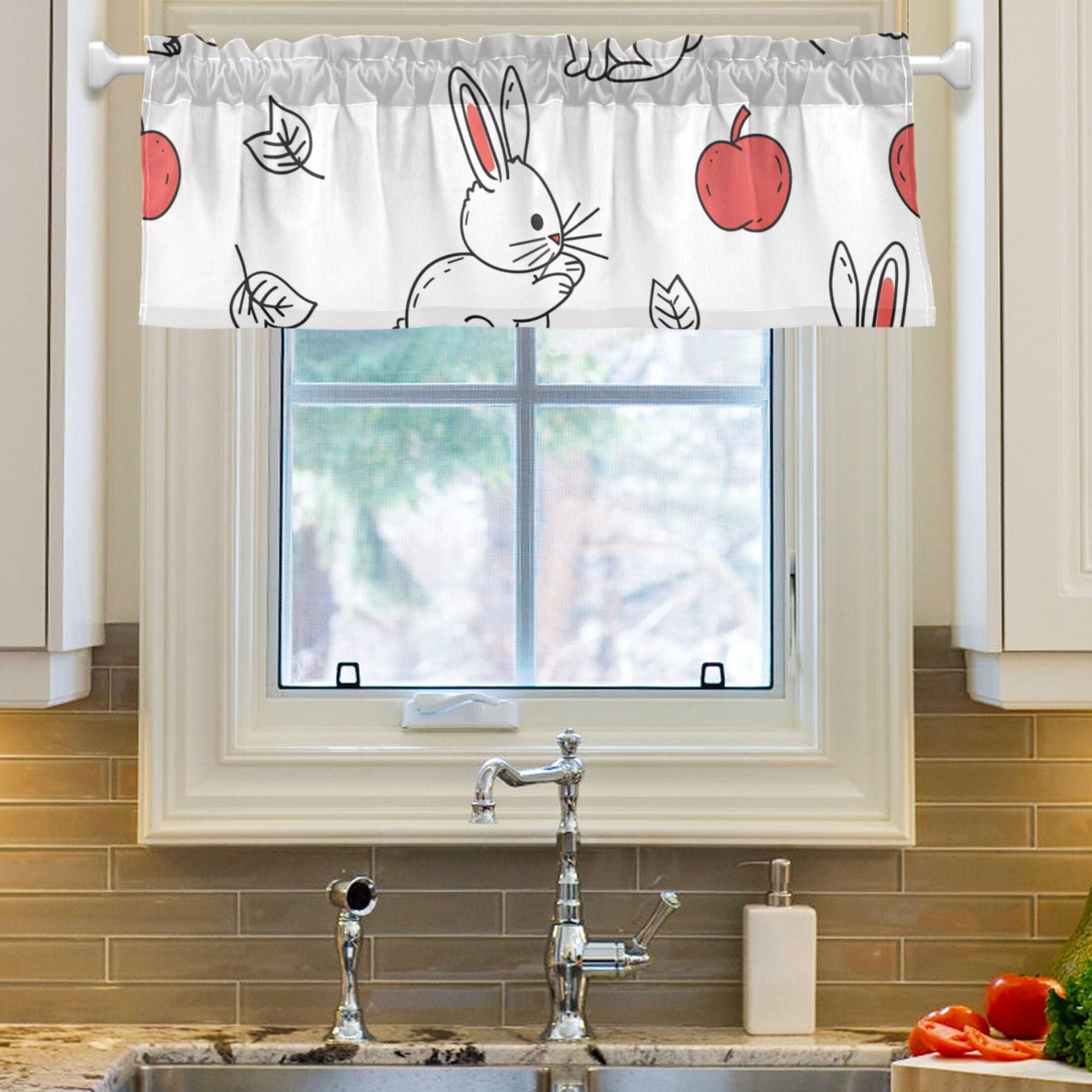 Ryvnso Rabbit and Apple Hand Draw Window Valance Kitchen Farmhouse Rod ...