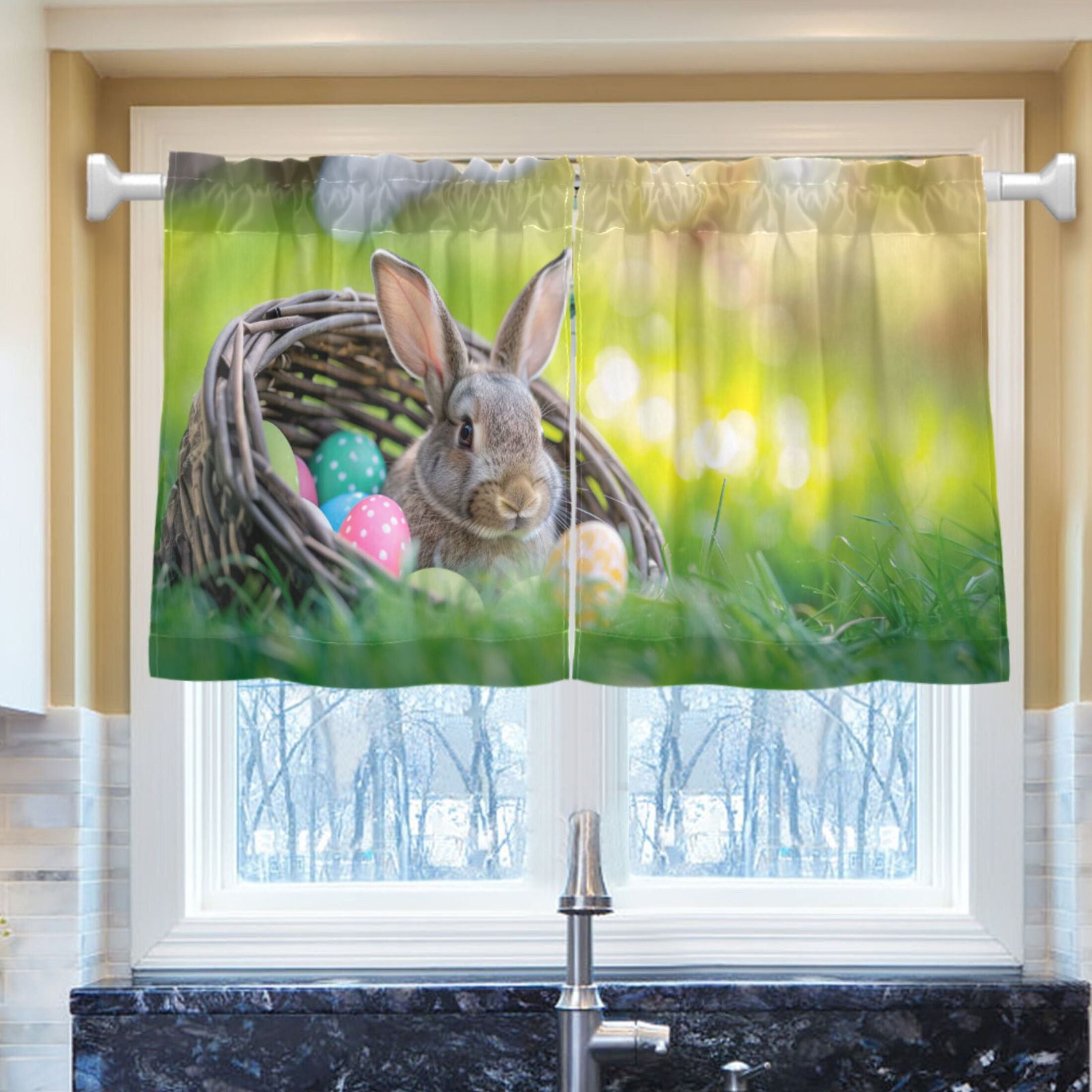 Ryvnso Rabbit on Grass in Summer Half Curtains Sets Tier 2 Panels Short ...