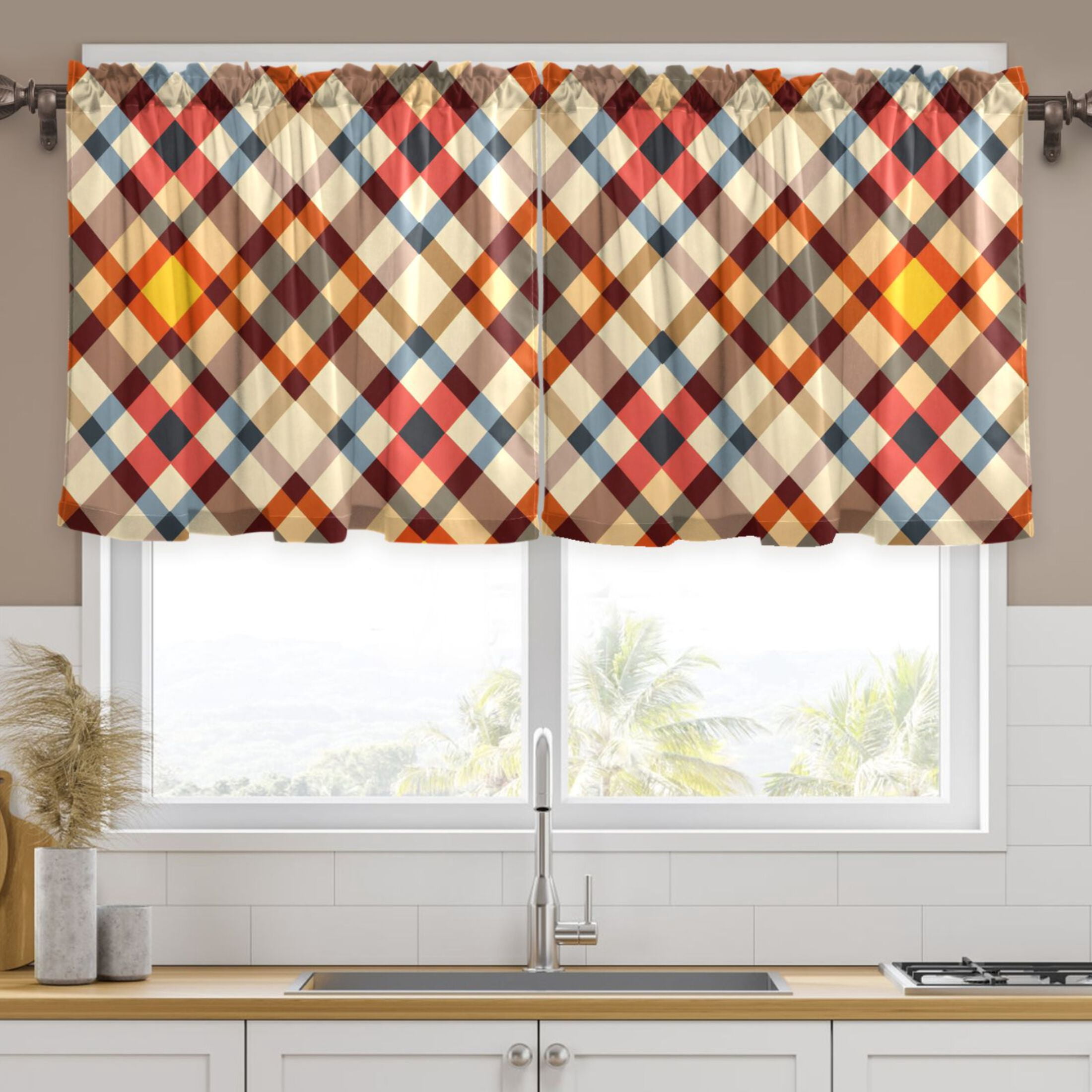 Ryvnso Red Artistic Checkered Pattern Curtains Sets Short Curtain Rod ...