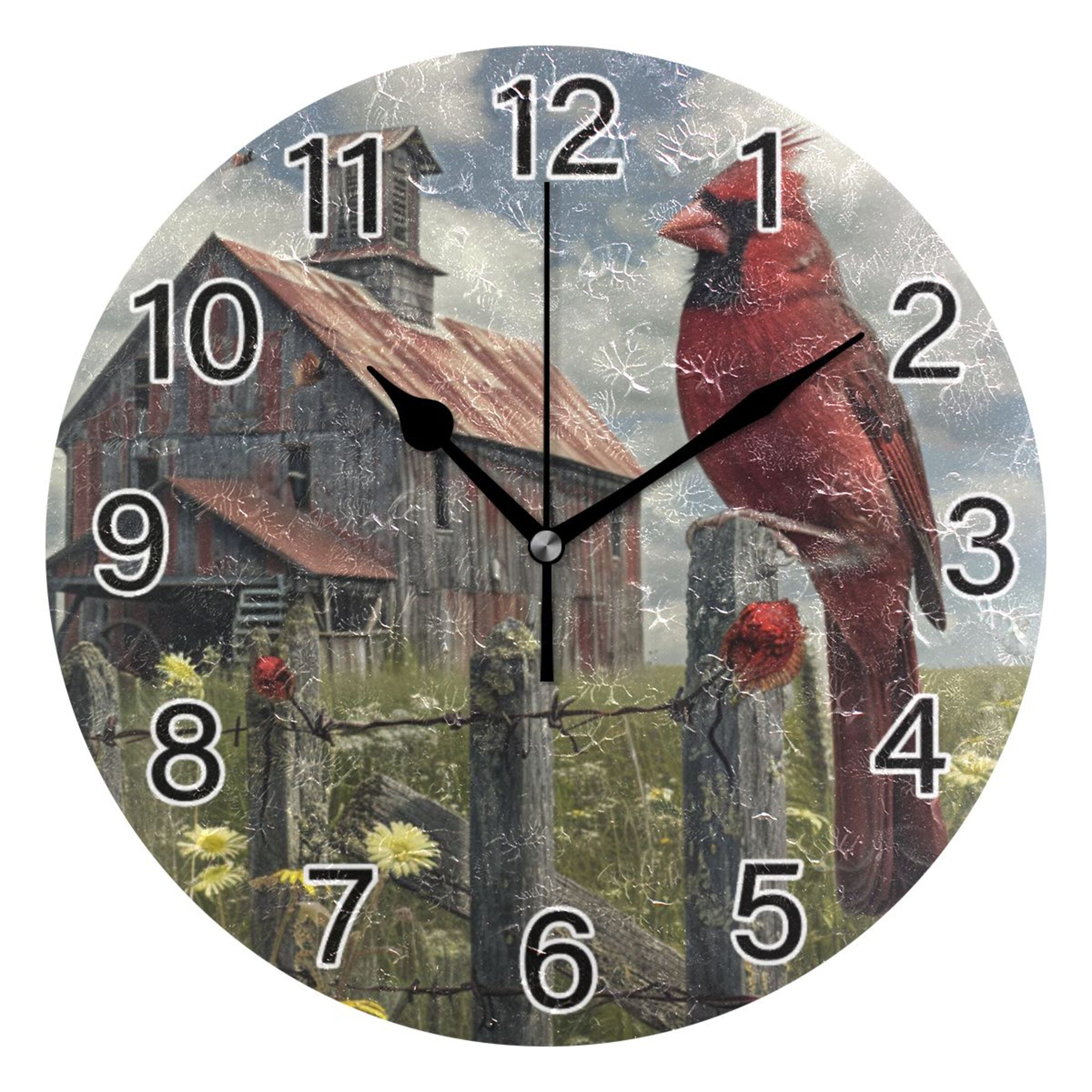 Ryvnso Red Bird Farm House Wall Clock Non Ticking Silent Kitchen Clock ...