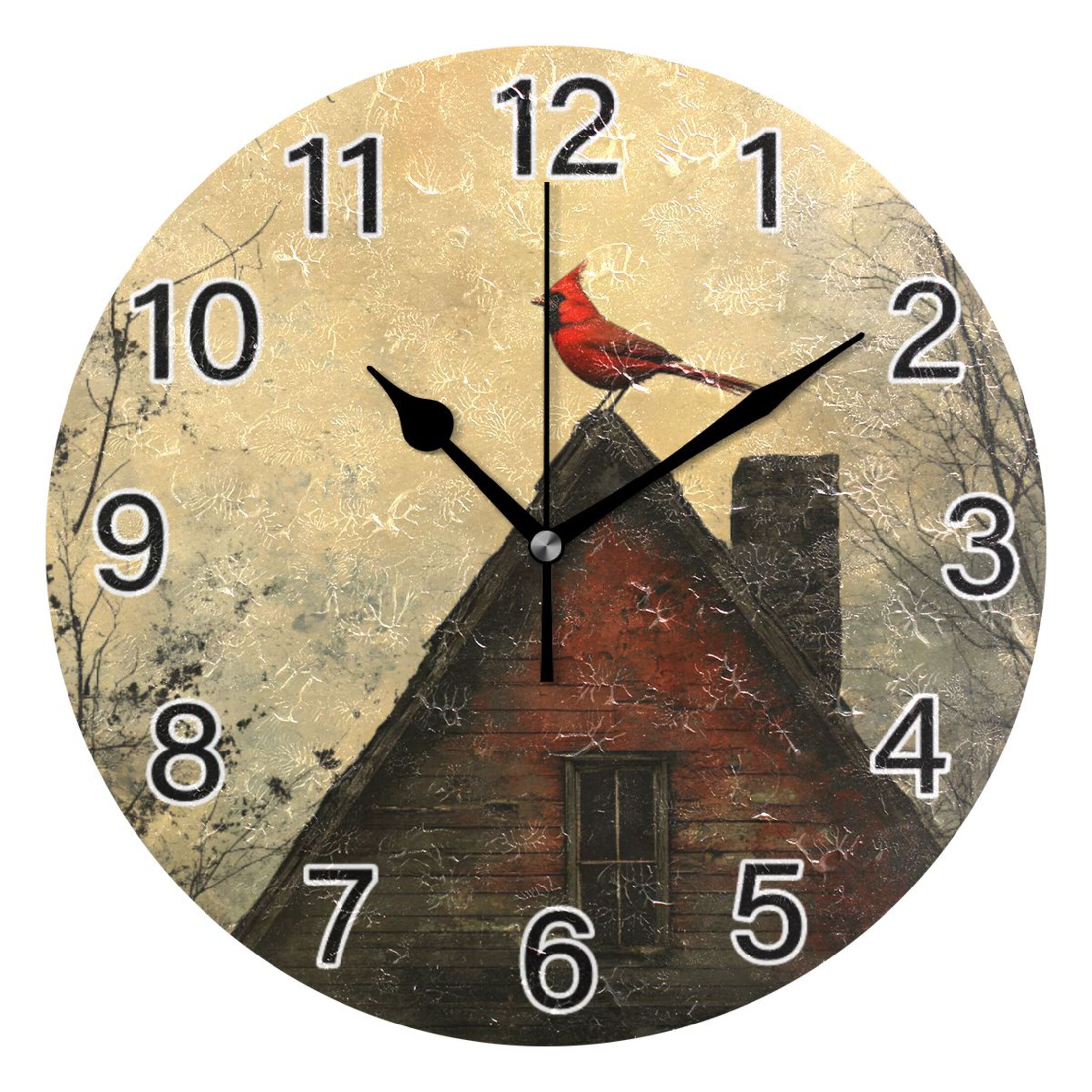 Ryvnso Red Bird on Vintage Roof Wall Clock Non Ticking Silent Kitchen ...