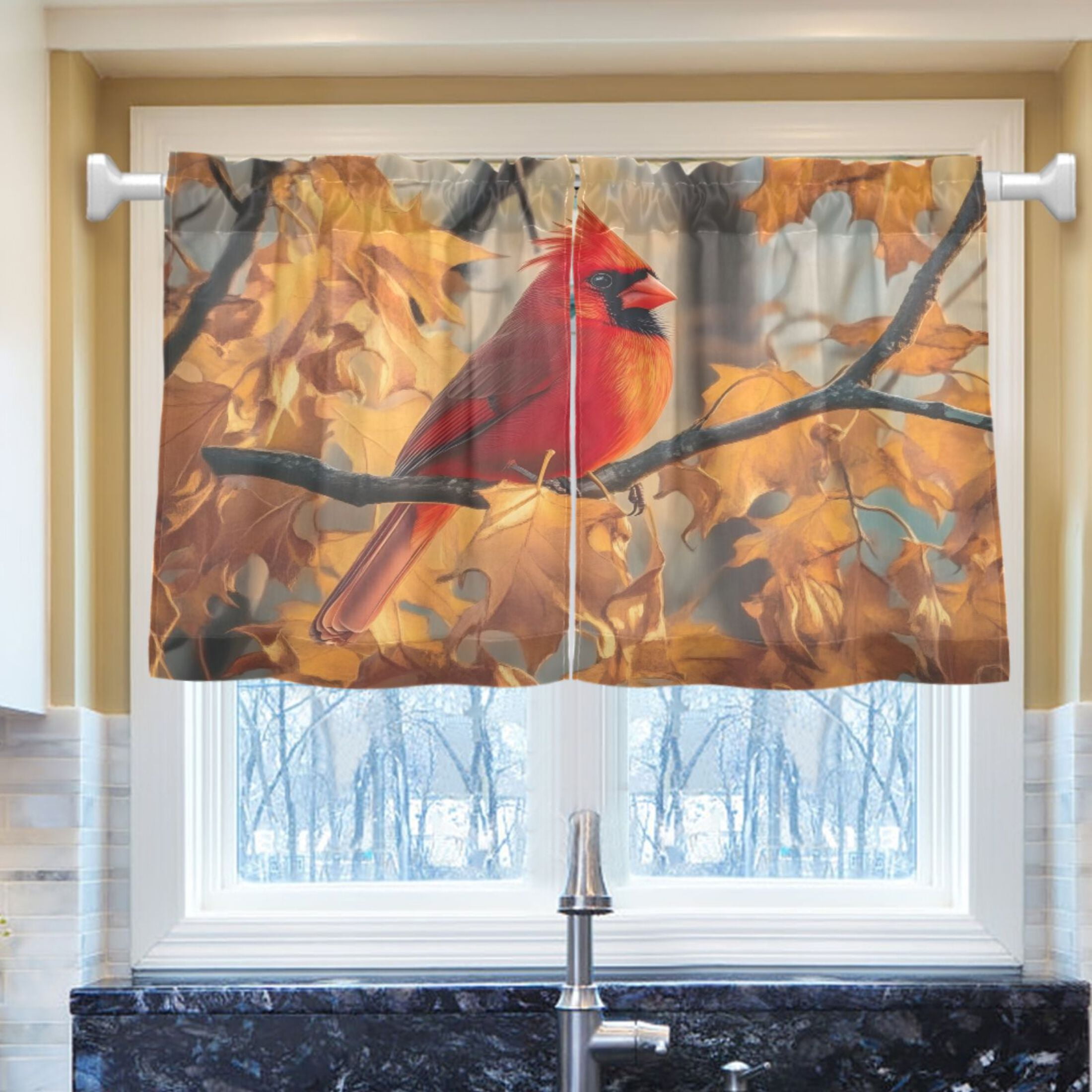 Ryvnso Red Cardinal in Autumn Half Curtains Sets Tier 2 Panels Short ...
