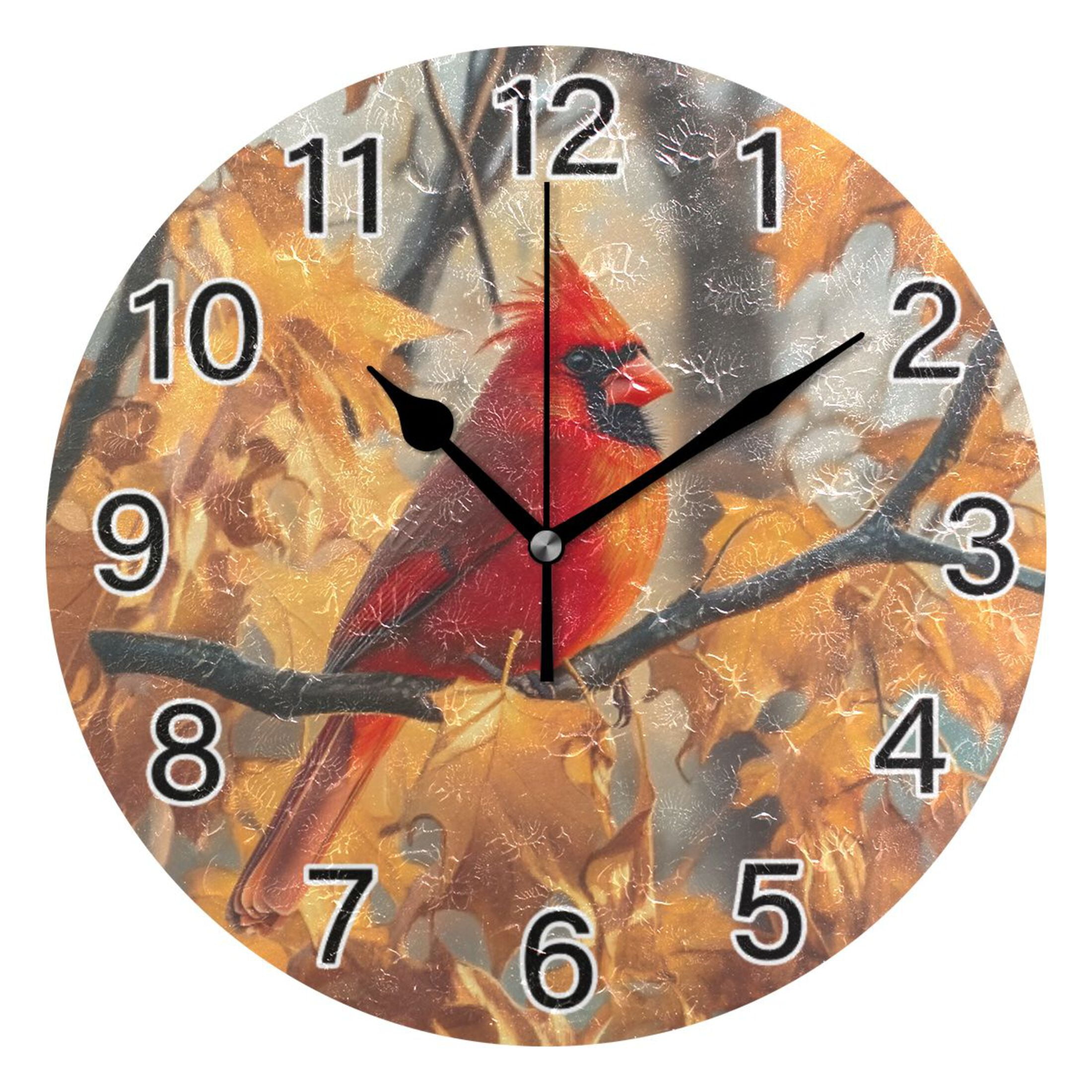 Ryvnso Red Cardinal in Autumn Wall Clock Non Ticking Silent Kitchen ...