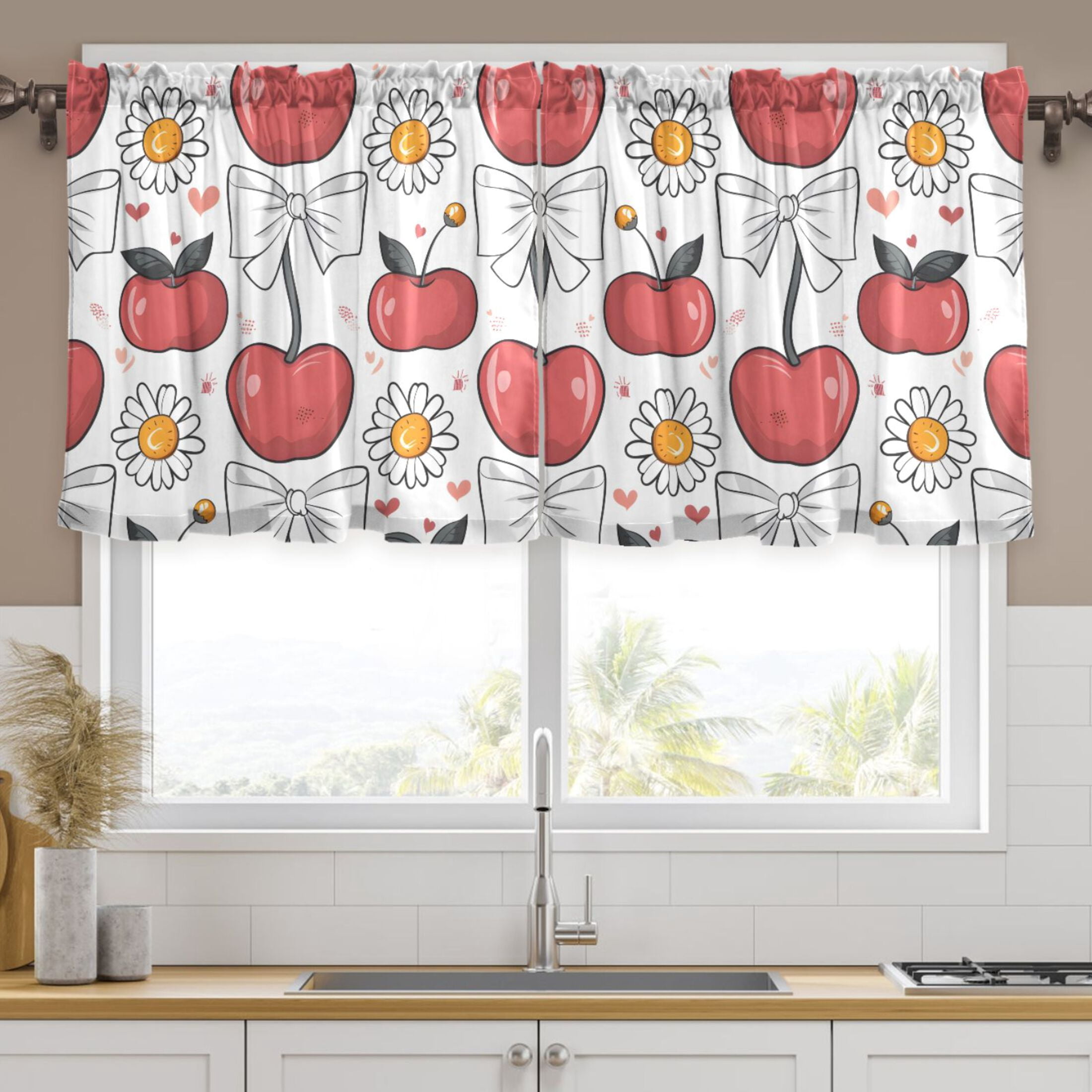 Ryvnso Red Cherry Bow and Daisy Flower Curtains Sets Short Curtain Rod ...