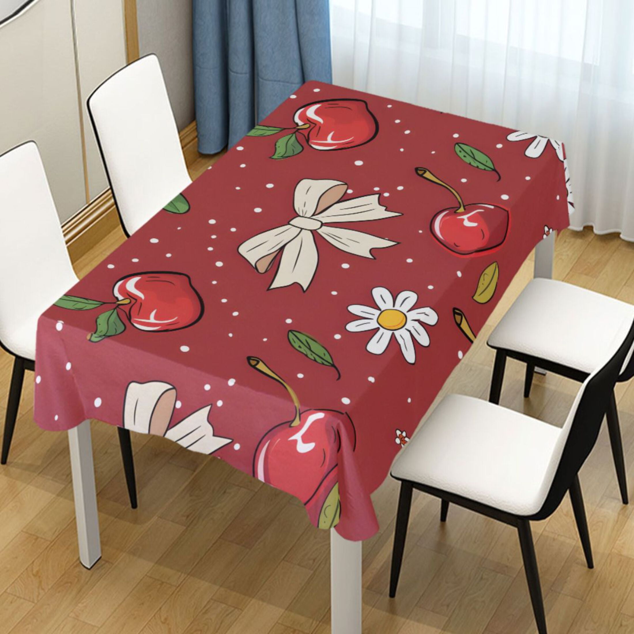 Ryvnso Red Cherry with Daisy Flower Rectangle Table Cloth Tablecover ...