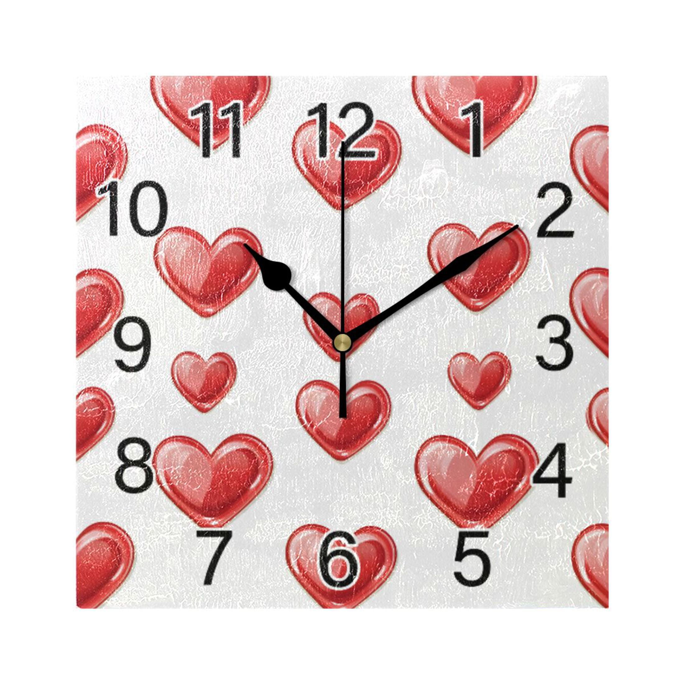 Ryvnso Red Heart Pattern Wall Clock Square Silent Non-Ticking Battery ...