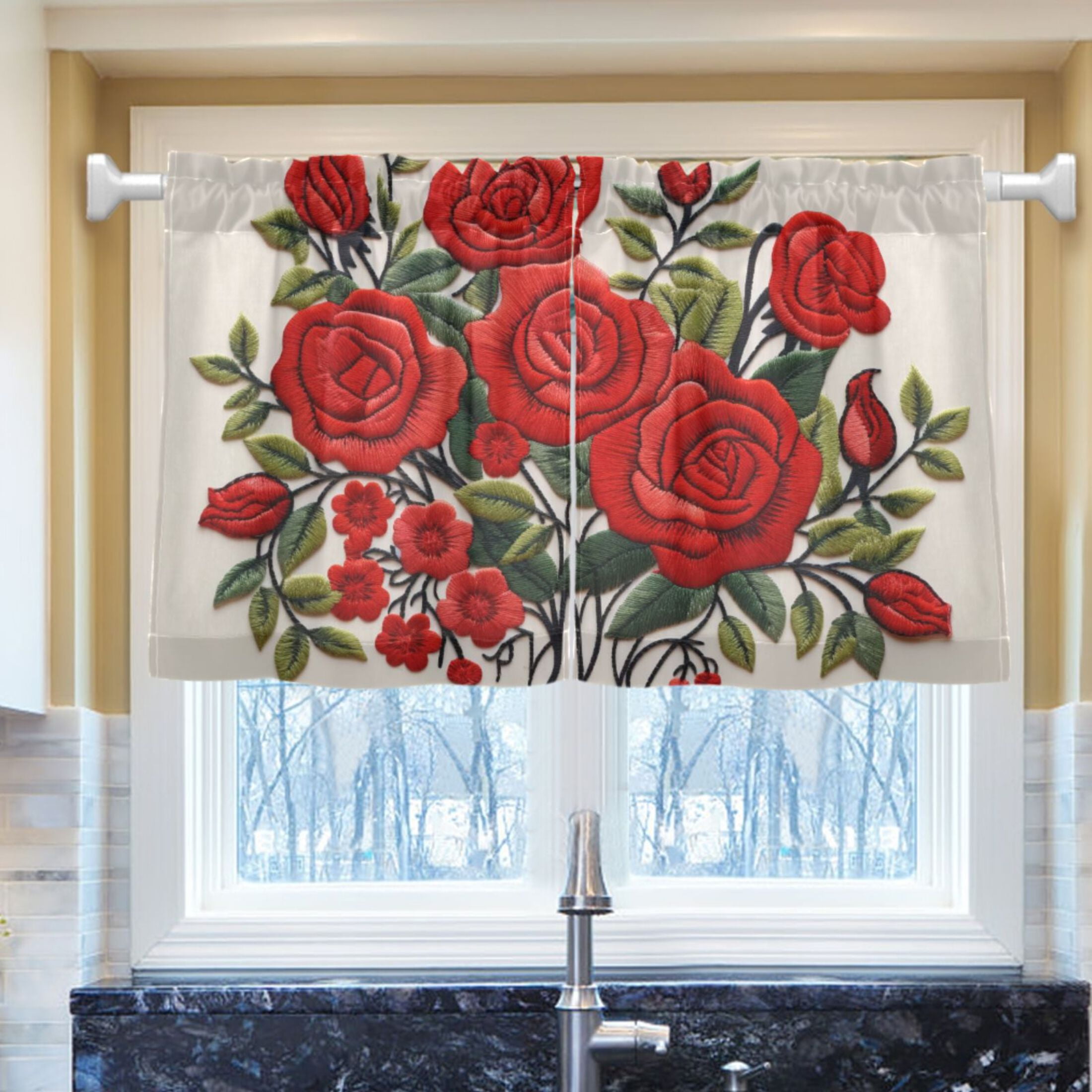 Ryvnso Red Roses Flowers Half Curtains Sets Tier 2 Panels Short Curtain ...