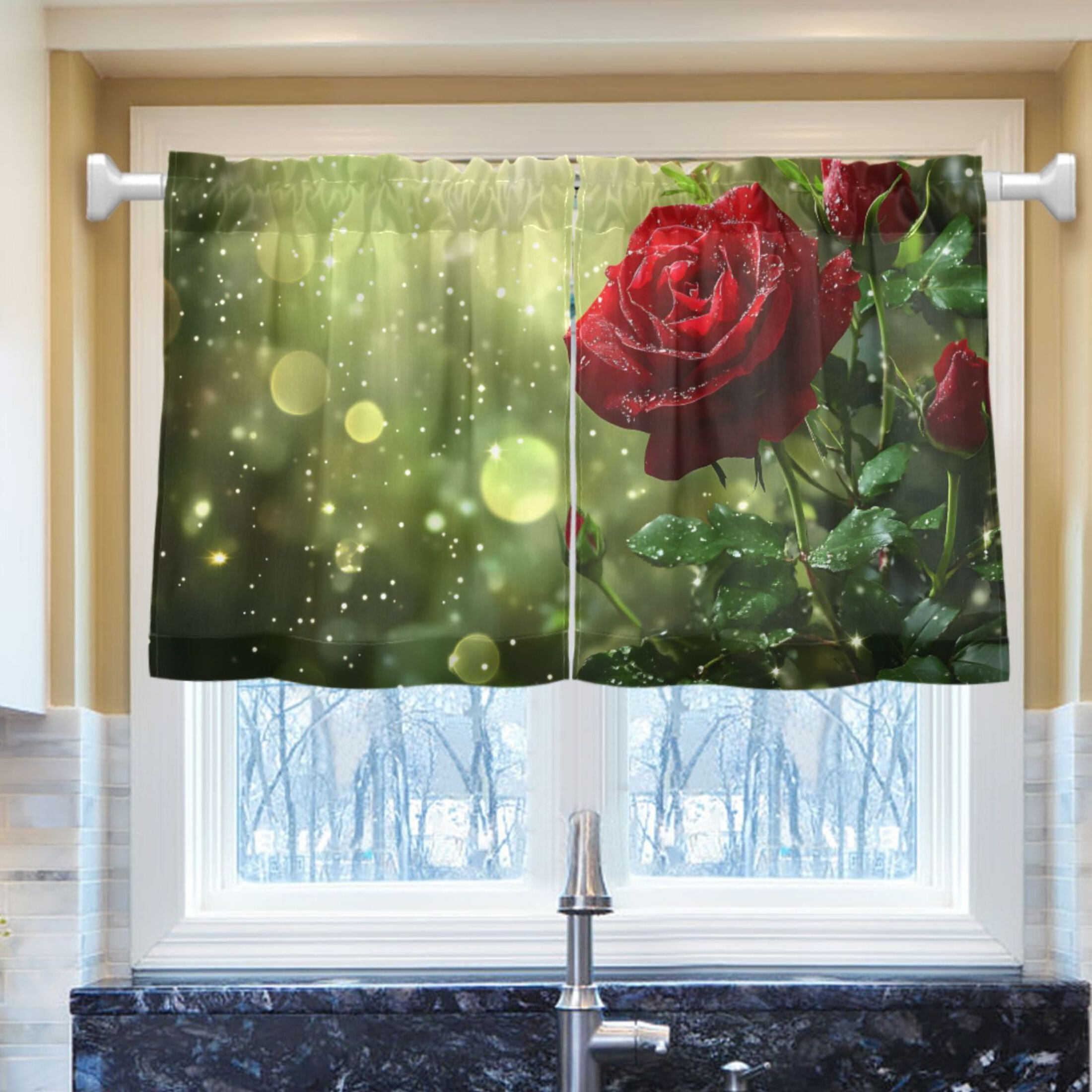 Ryvnso Red Roses Flowers Half Curtains Sets Tier 2 Panels Short Curtain ...