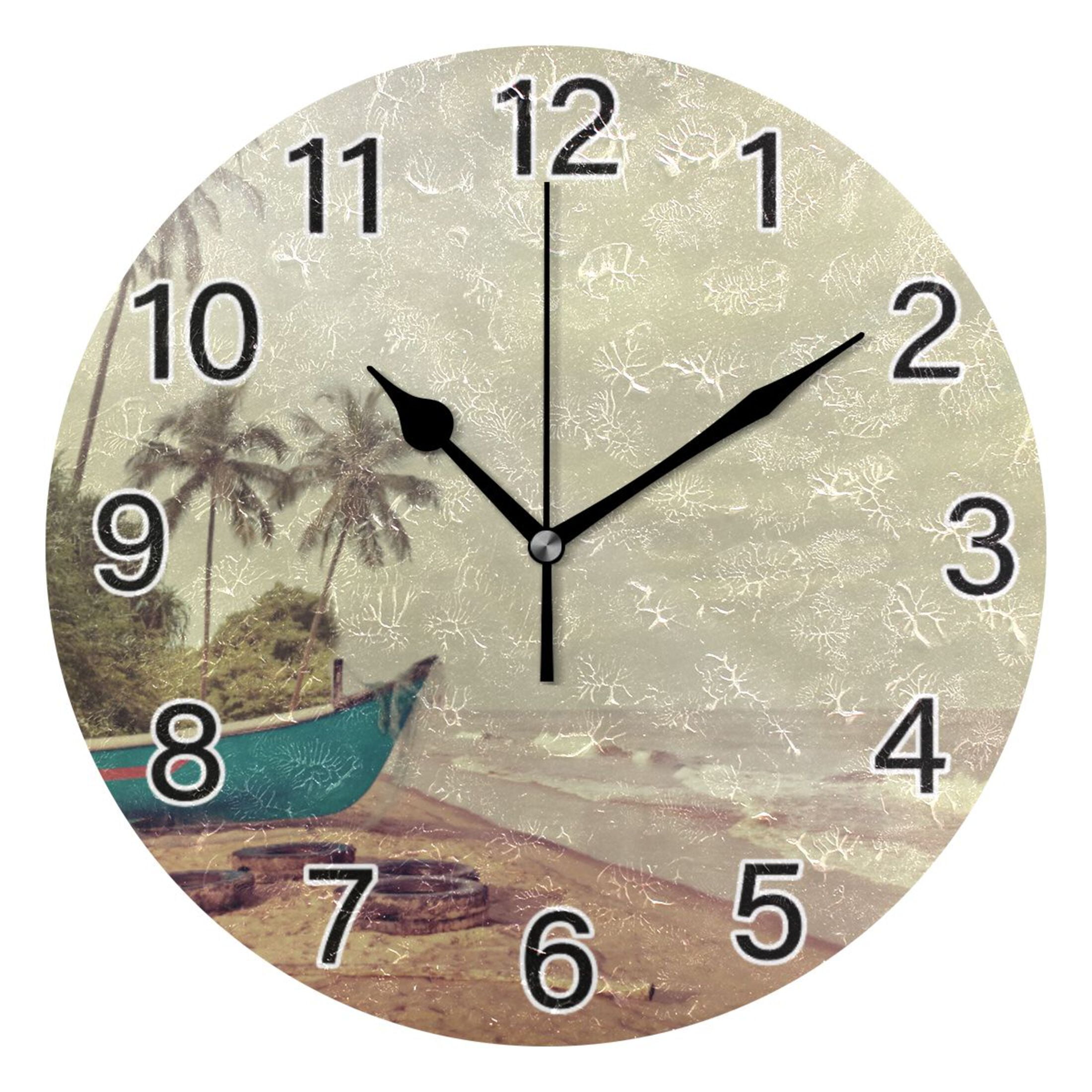 Ryvnso Retro Beach Tropical Tree Wall Clock Non Ticking Silent Kitchen ...