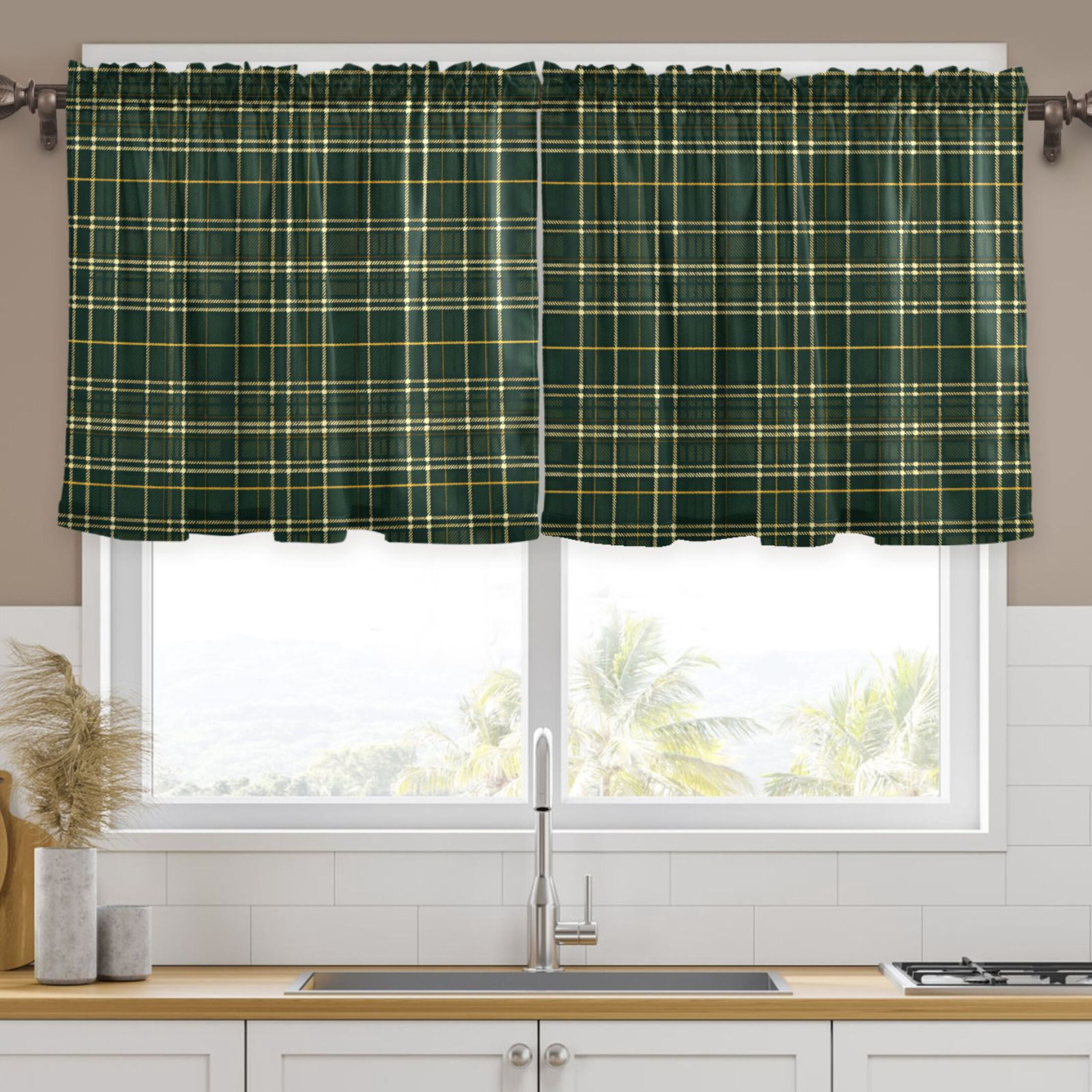 Ryvnso Retro Checkered-a3 Curtains Sets Short Curtain Rod Pocket Half ...