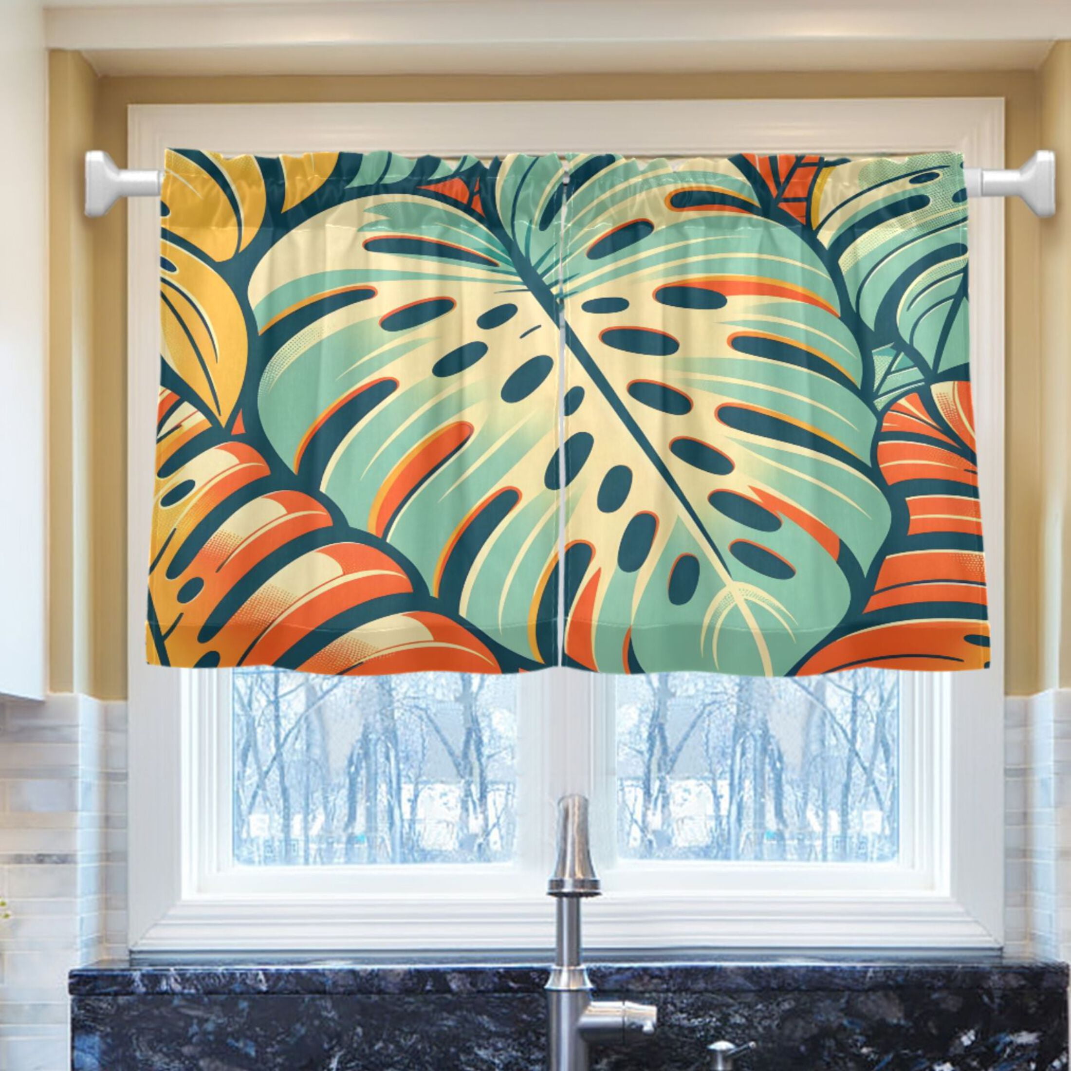 Ryvnso Retro Palm Leaf Half Curtains Sets Tier 2 Panels Short Curtain ...