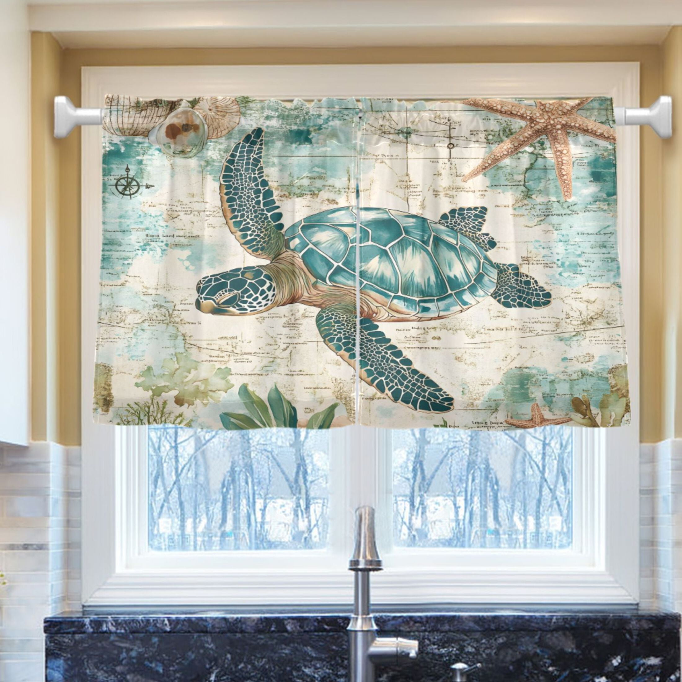Ryvnso Retro Sea Turtle Half Curtains Sets Tier 2 Panels Short Curtain ...