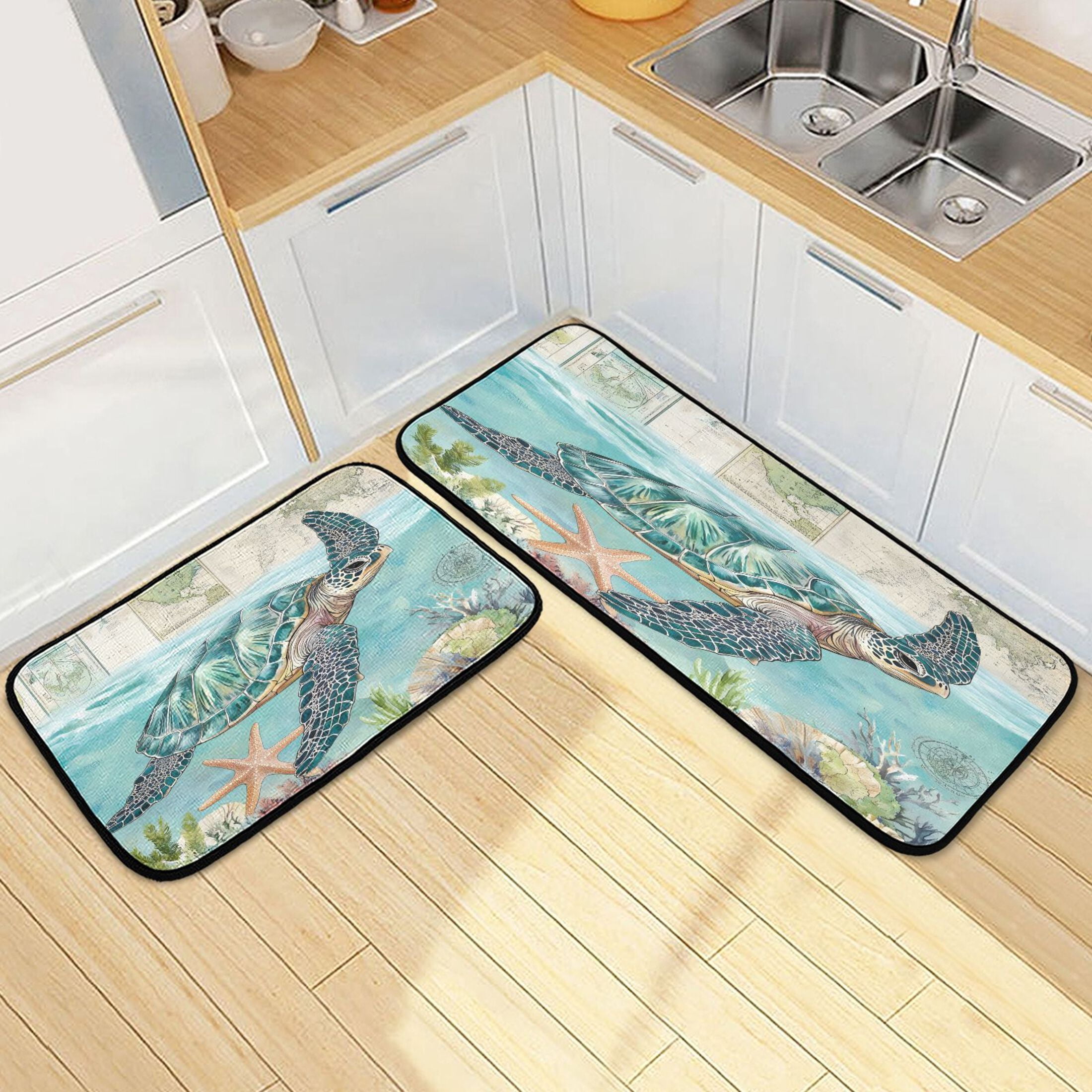 Ryvnso Retro Turtle and Map Kitchen Rugs Set Non Slip Runner Mats for ...