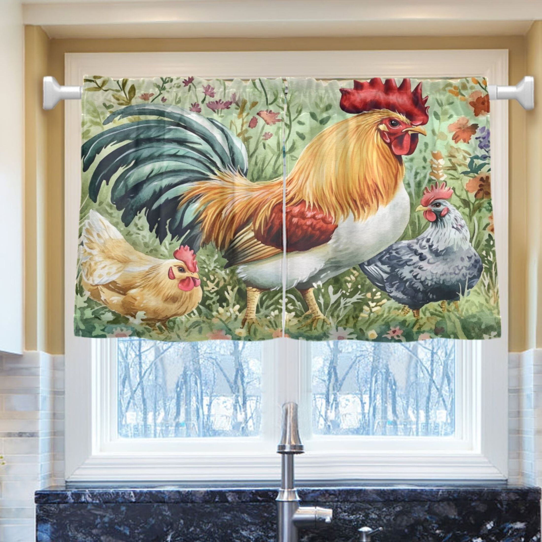 Ryvnso Rooster in Grass Half Curtains Sets Tier 2 Panels Short Curtain ...