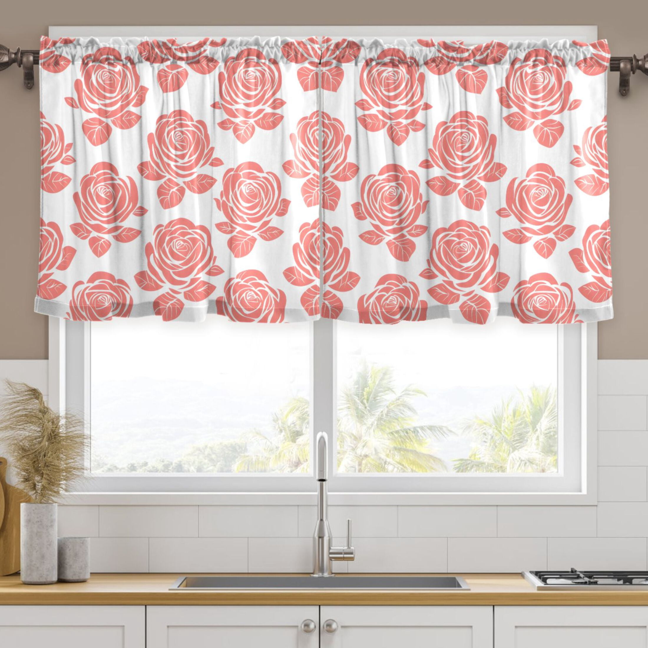 Ryvnso Rose Flower Curtains Sets Short Curtain Rod Pocket Half Window ...