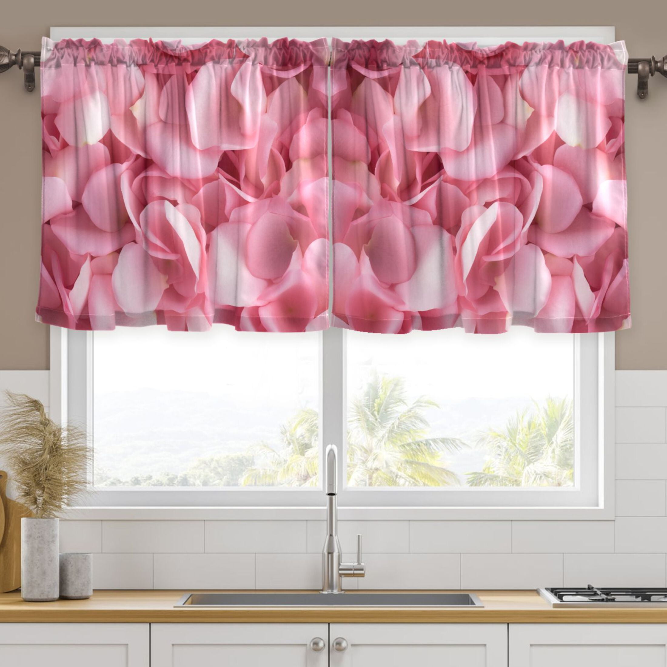 Ryvnso Rose Flowers Curtains Sets Short Curtain Rod Pocket Half Window ...