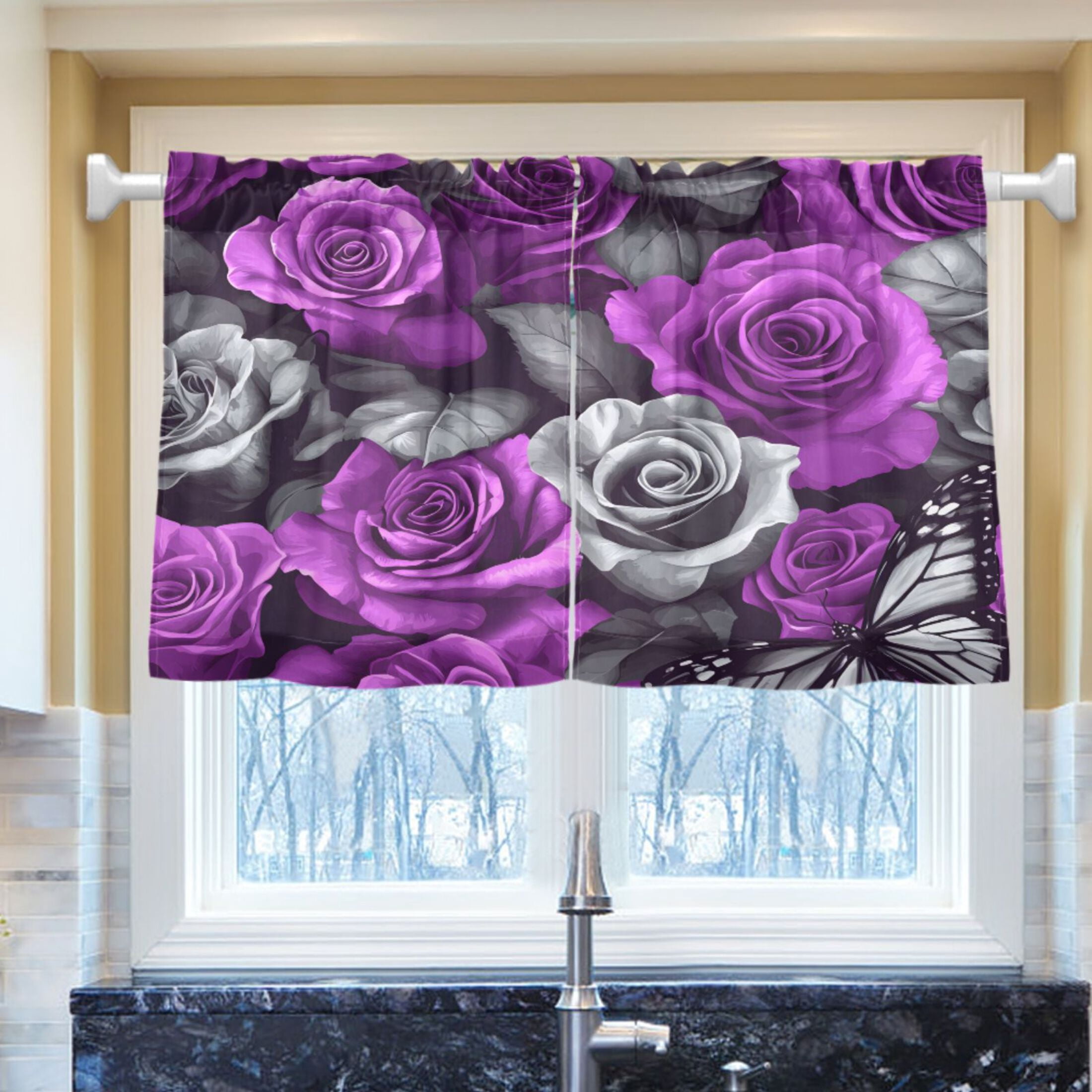 Ryvnso Roses Flowers Half Curtains Sets Tier 2 Panels Short Curtain Rod ...