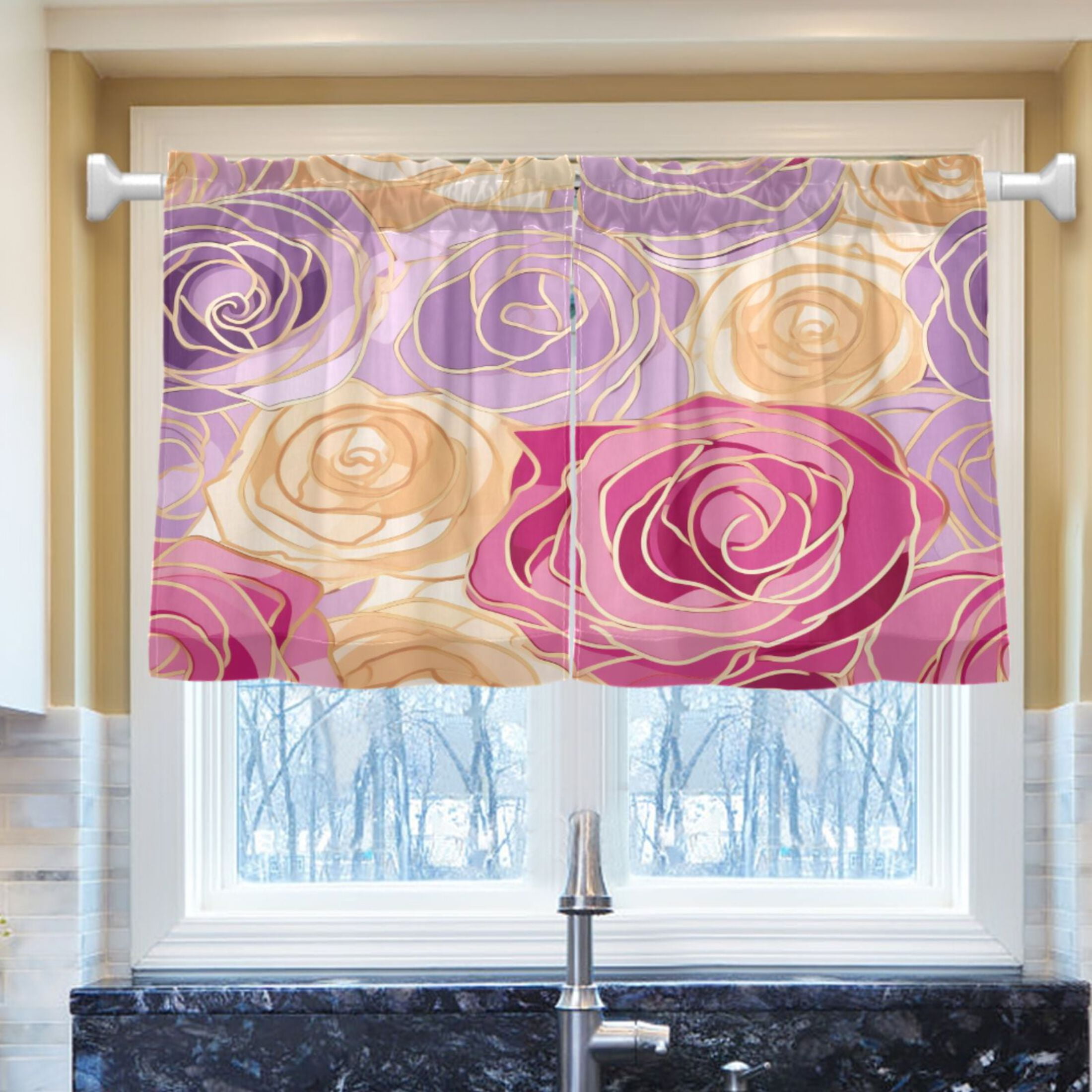Ryvnso Roses Flowers Half Curtains Sets Tier 2 Panels Short Curtain Rod ...