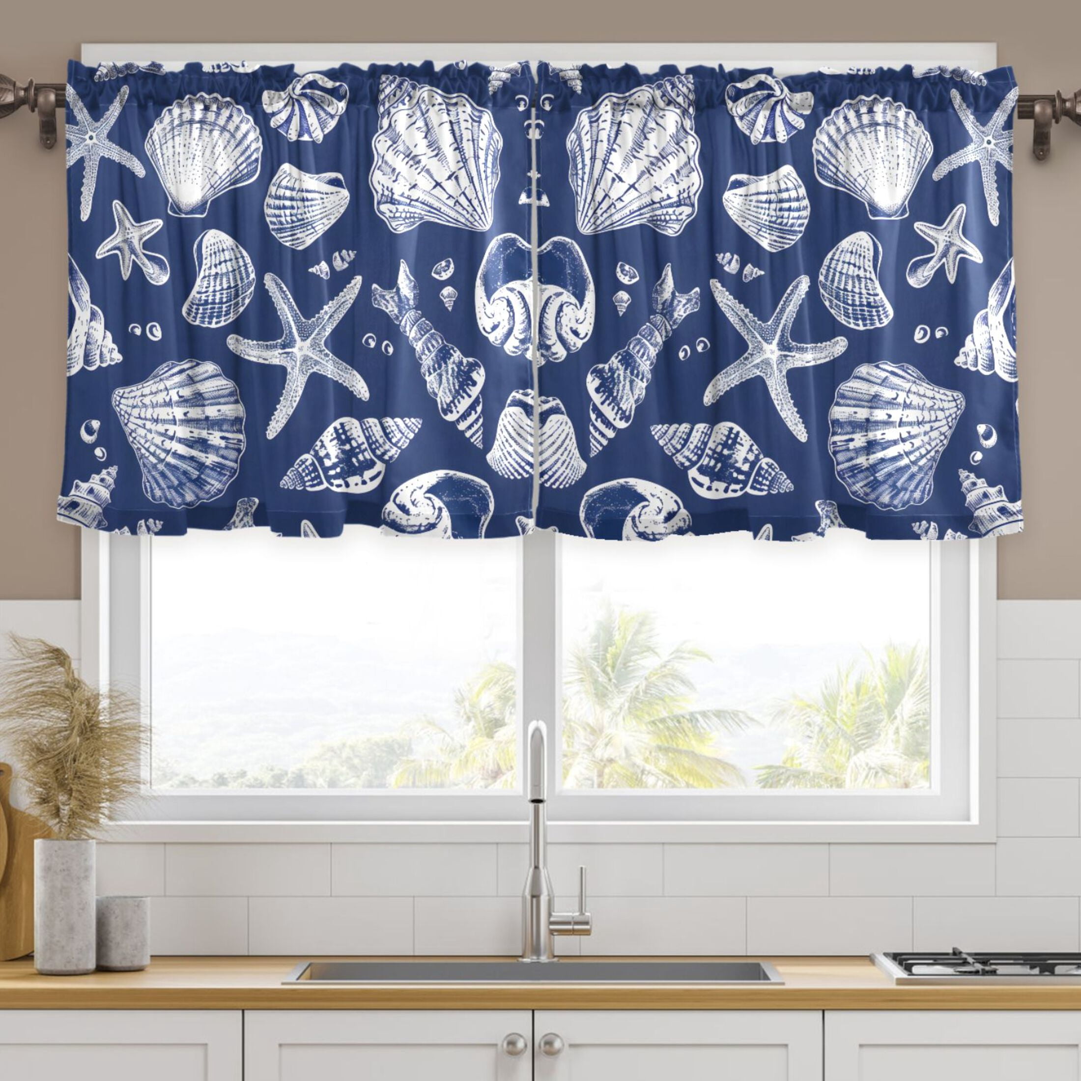 Ryvnso Sea Shells Starfish Curtains Sets Short Curtain Rod Pocket Half ...