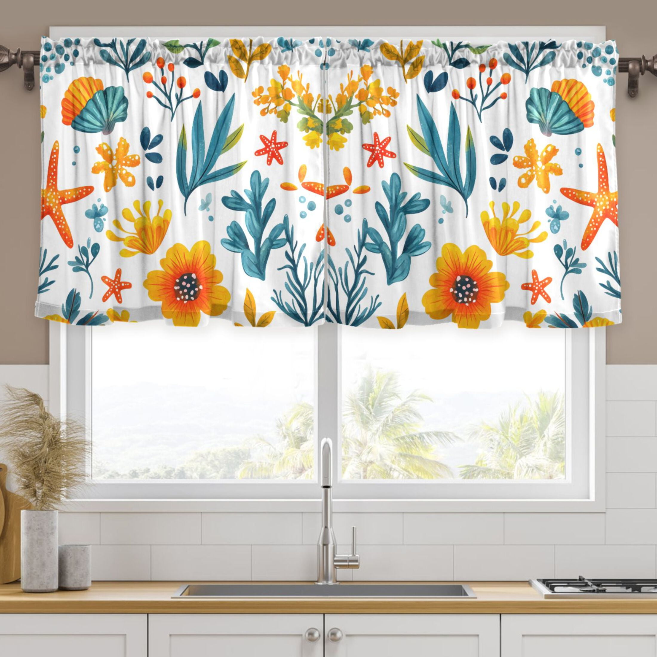 Ryvnso Seashell Starfish Curtains Sets Short Curtain Rod Pocket Half ...