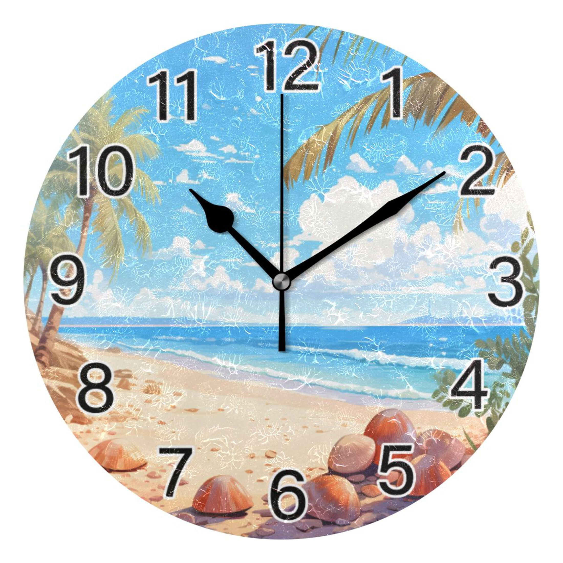 Ryvnso Seashell on Beach Palm Tree Wall Clock Non Ticking Silent ...