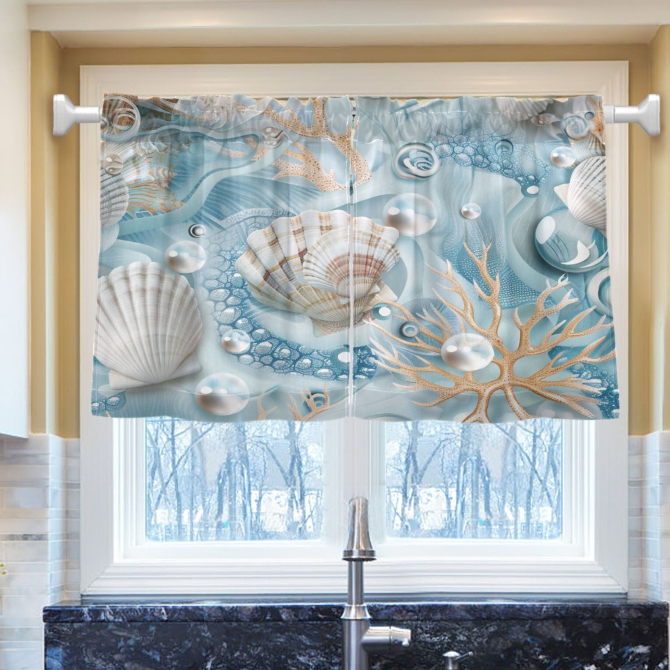 Ryvnso Seashells Seaweed Bubbles Half Curtains Sets Tier 2 Panels Short ...