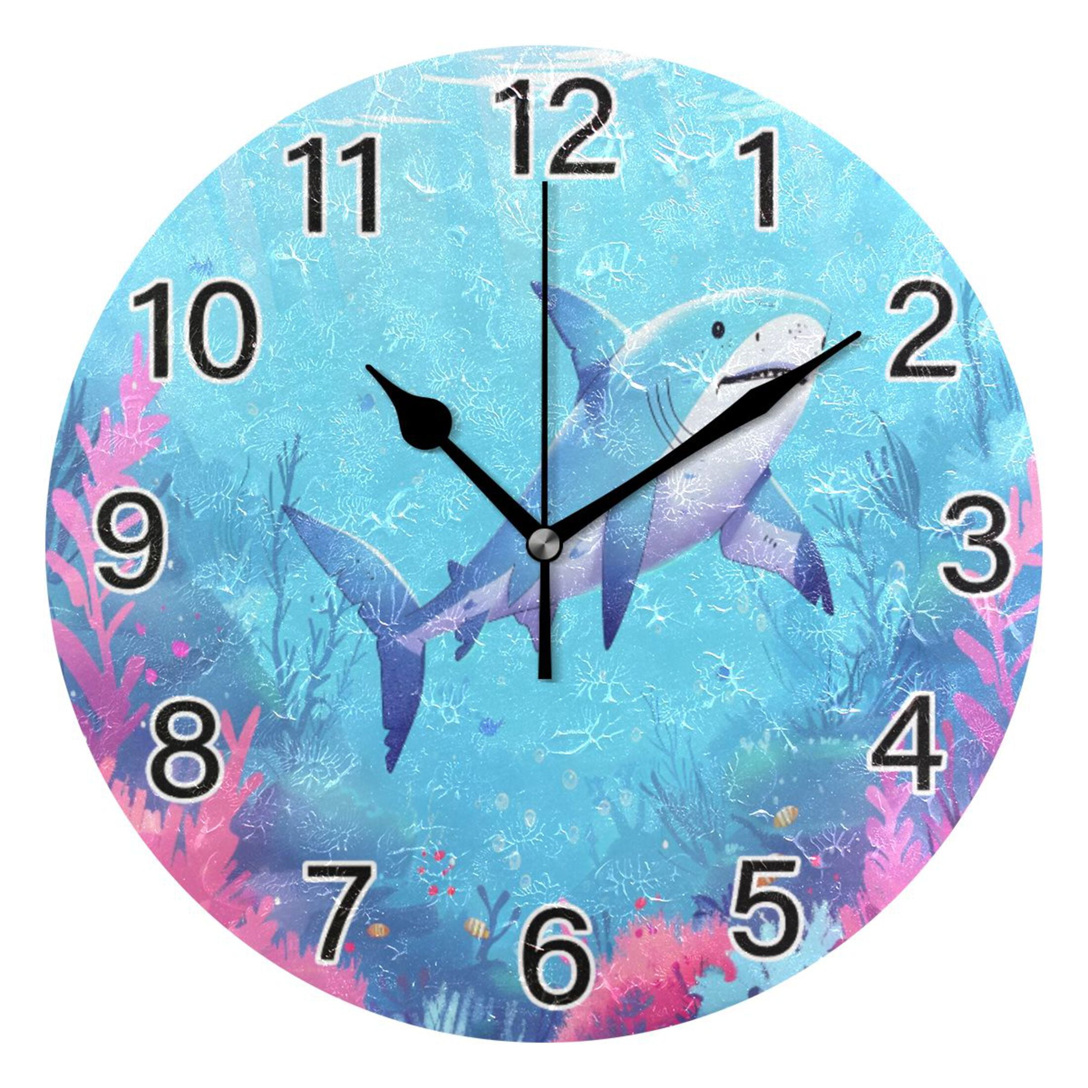 Ryvnso Shark Coral under Sea Wall Clock Non Ticking Silent Kitchen ...