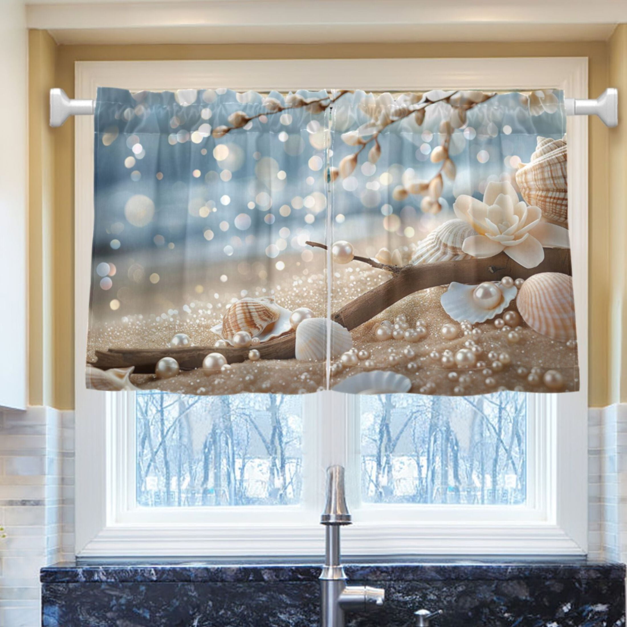 Ryvnso Shells Pearls on Beach Half Curtains Sets Tier 2 Panels Short ...