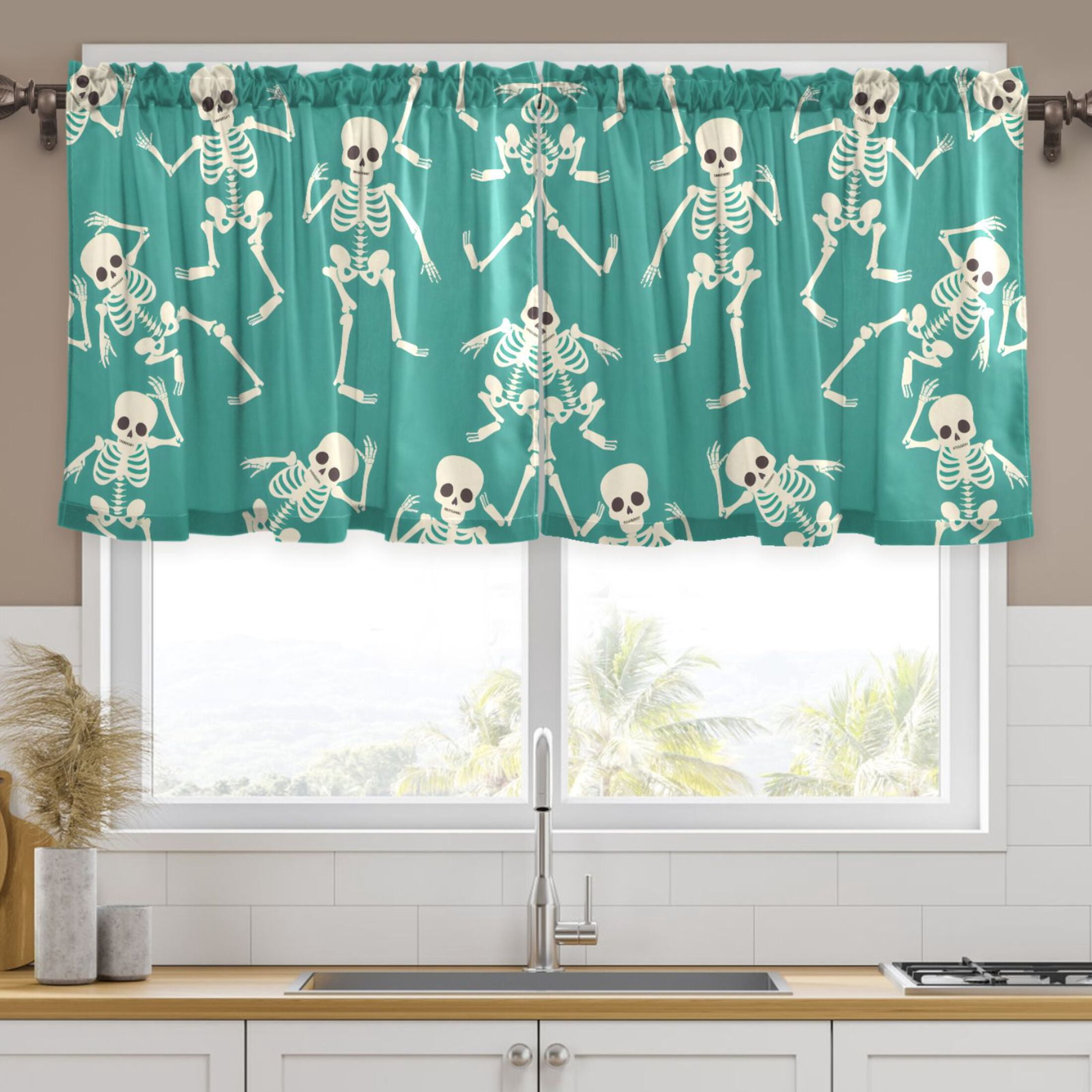 Ryvnso Skeleton Dancing Skull Curtains Sets Short Curtain Rod Pocket ...
