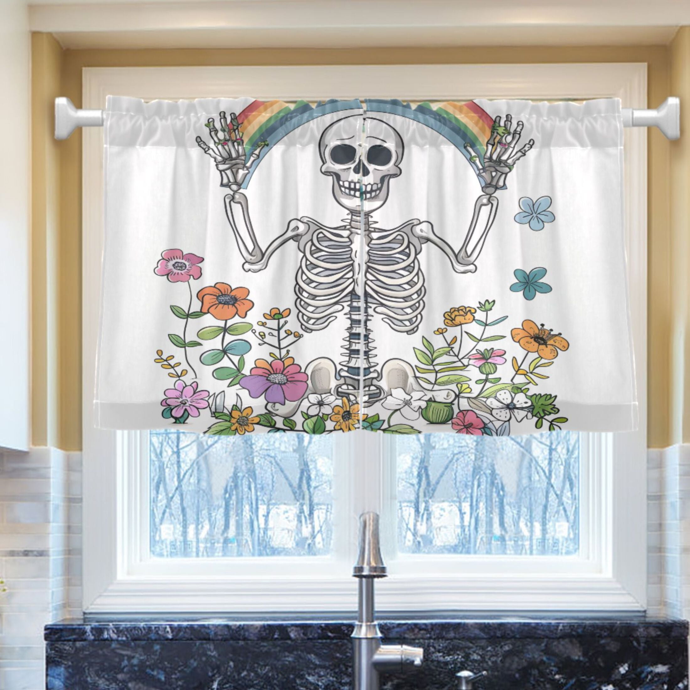 Ryvnso Skull Floral Rainbow Half Curtains Sets Tier 2 Panels Short ...