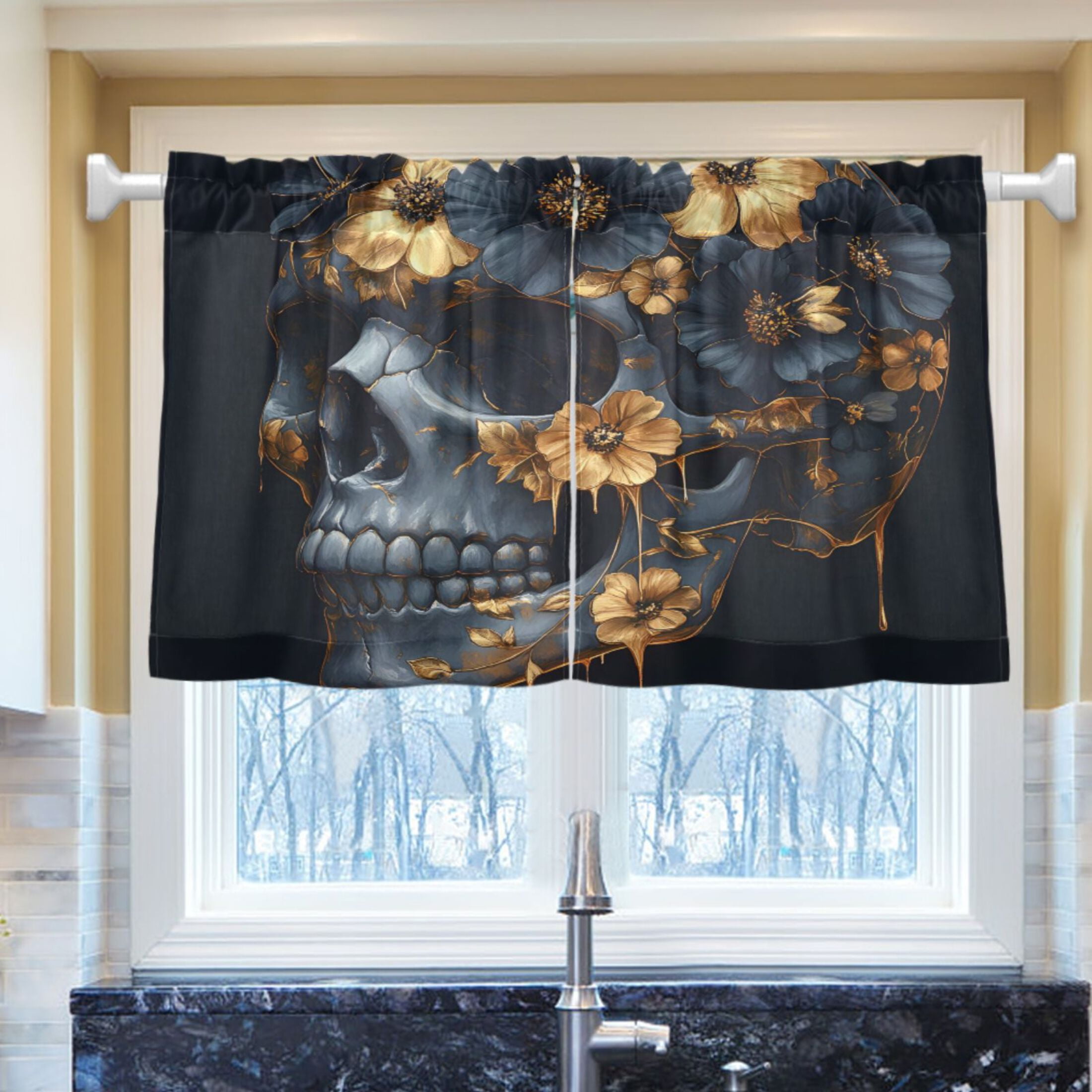 Ryvnso Skull Half Curtains Sets Tier 2 Panels Short Curtain Rod Pocket ...