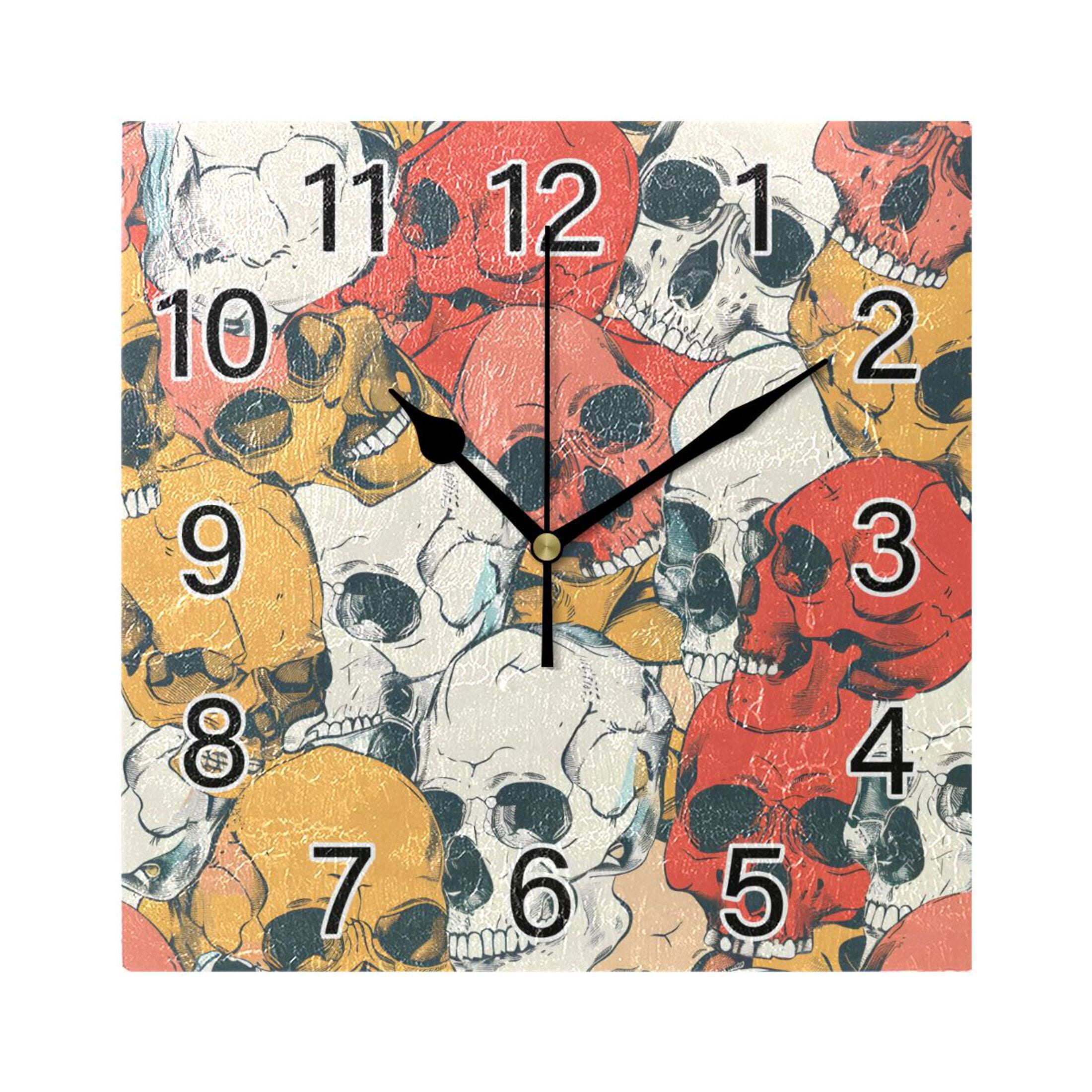Ryvnso Skull Head Hand Drawn Wall Clock Square Silent Non-Ticking ...