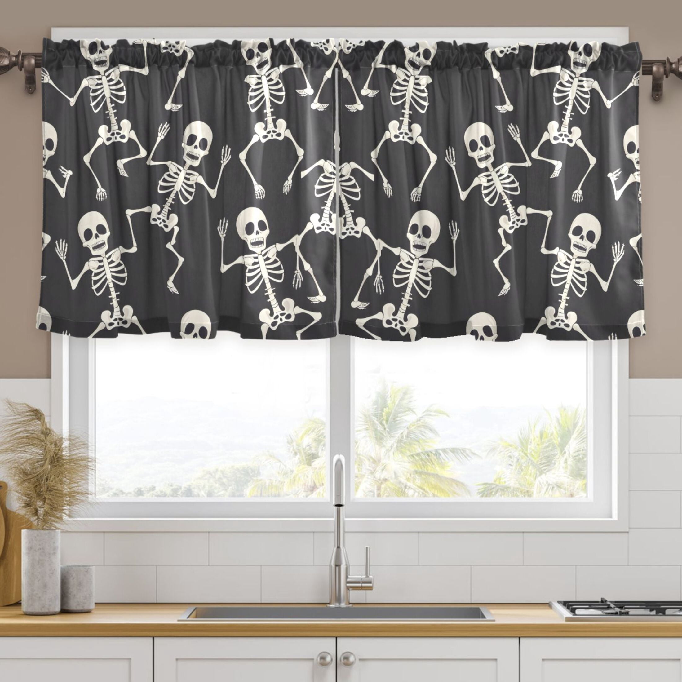 Ryvnso Skull Skeleton Dancing Curtains Sets Short Curtain Rod Pocket ...