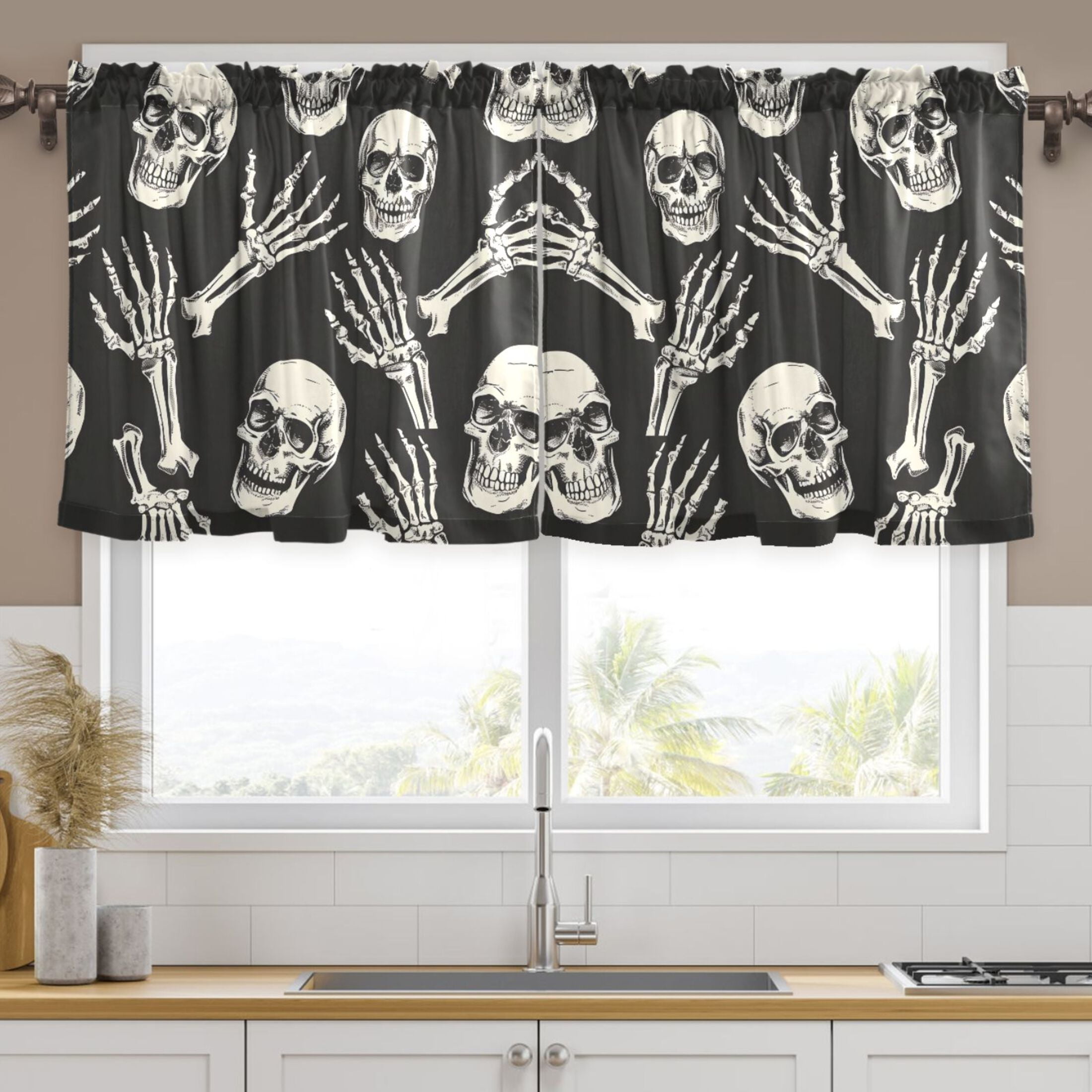 Ryvnso Skull Skeleton Hands Curtains Sets Short Curtain Rod Pocket Half ...