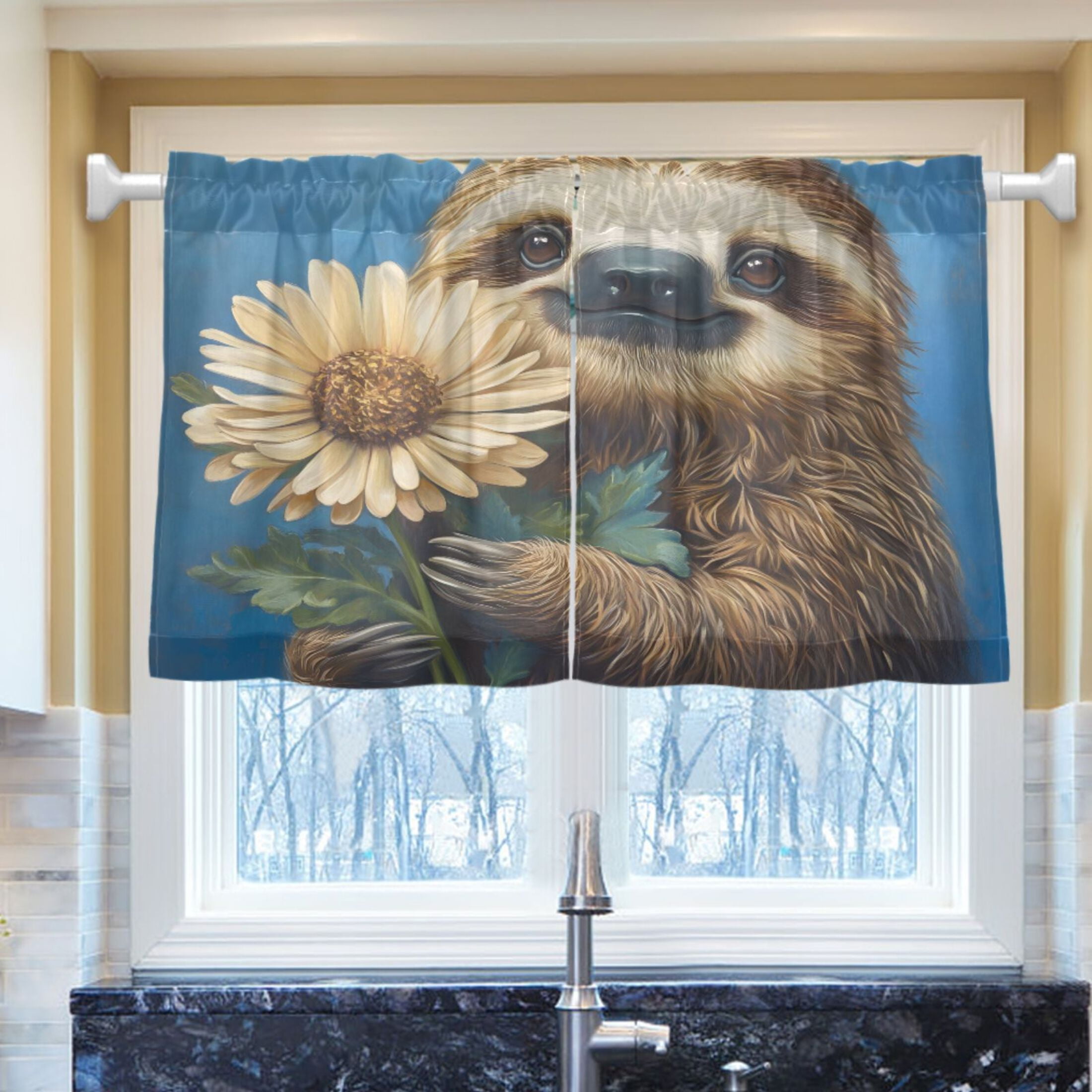 Ryvnso Sloth Sunflower Half Curtains Sets Tier 2 Panels Short Curtain ...