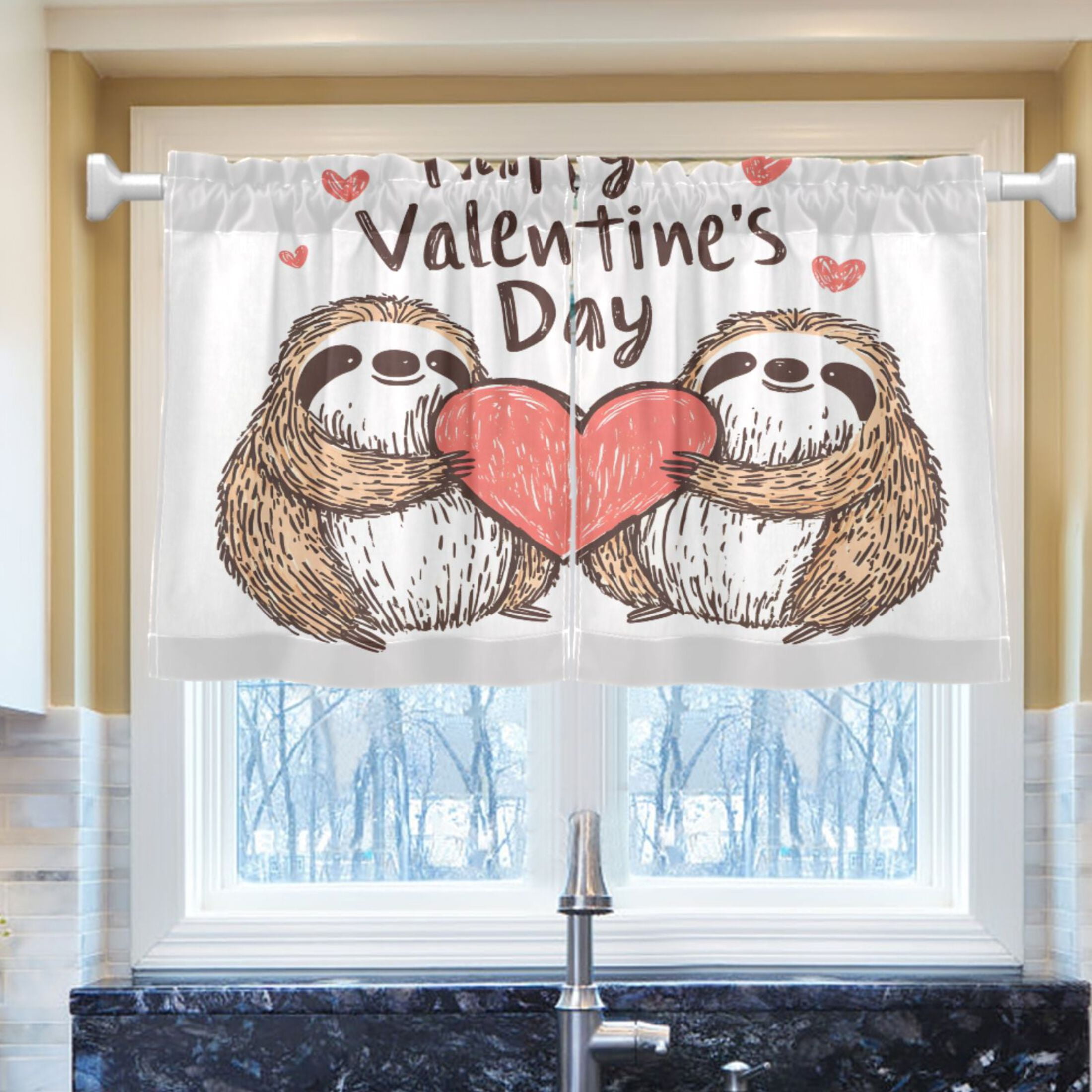 Ryvnso Sloth in Love Half Curtains Sets Tier 2 Panels Short Curtain Rod ...