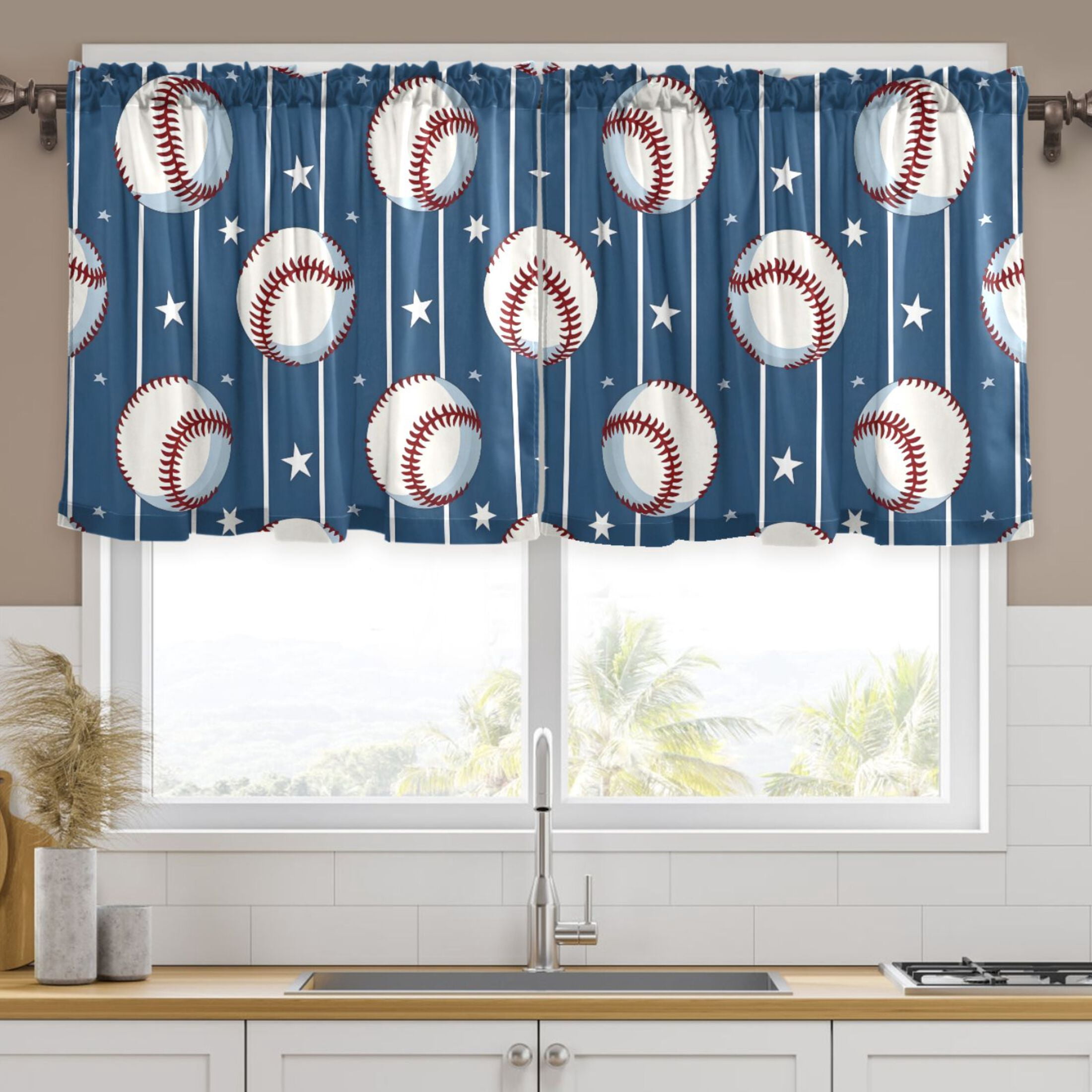 Ryvnso Sport Baseball Star Stipes Curtains Sets Short Curtain Rod ...