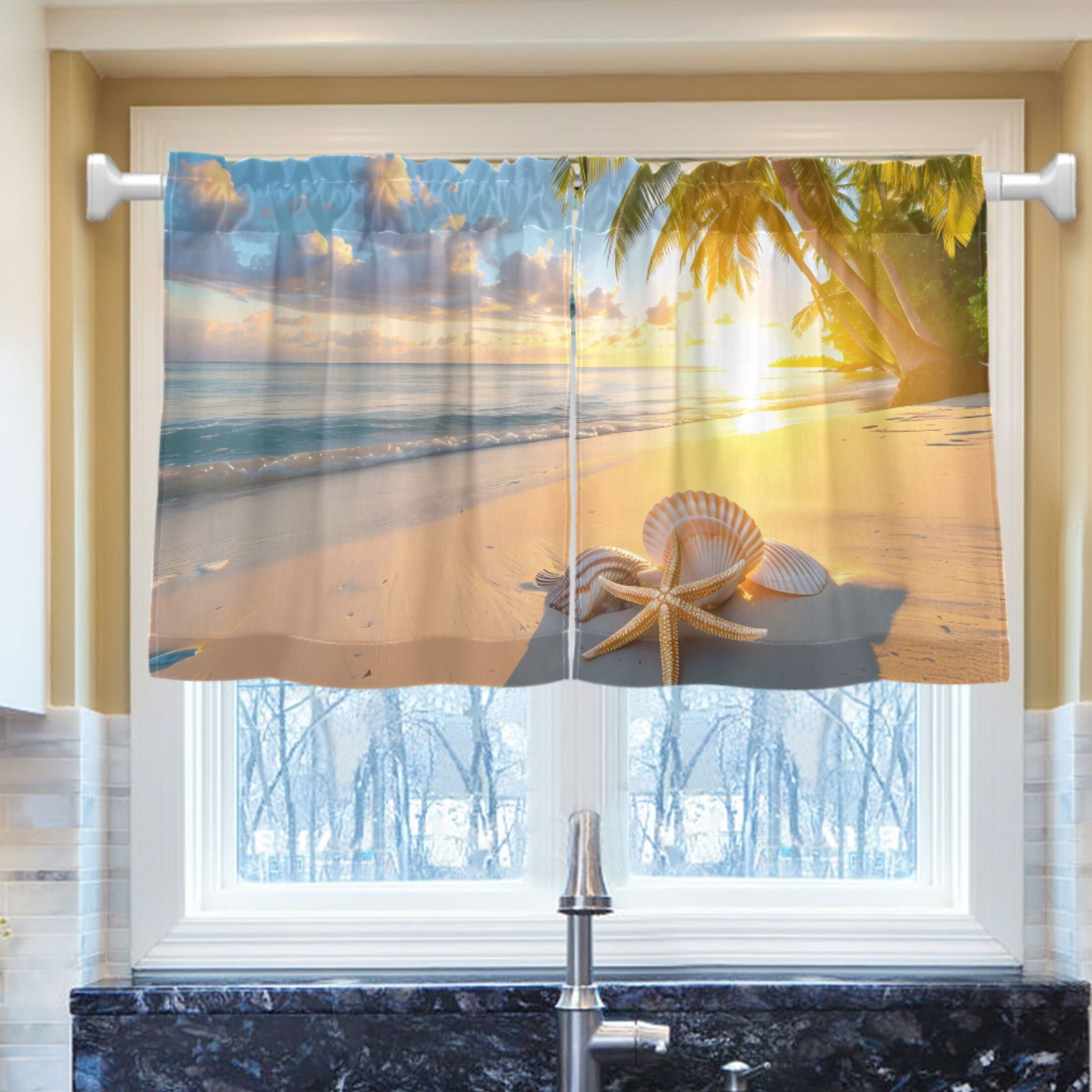 Ryvnso Starfish Seashells on Beach Sunset Half Curtains Sets Tier 2 ...