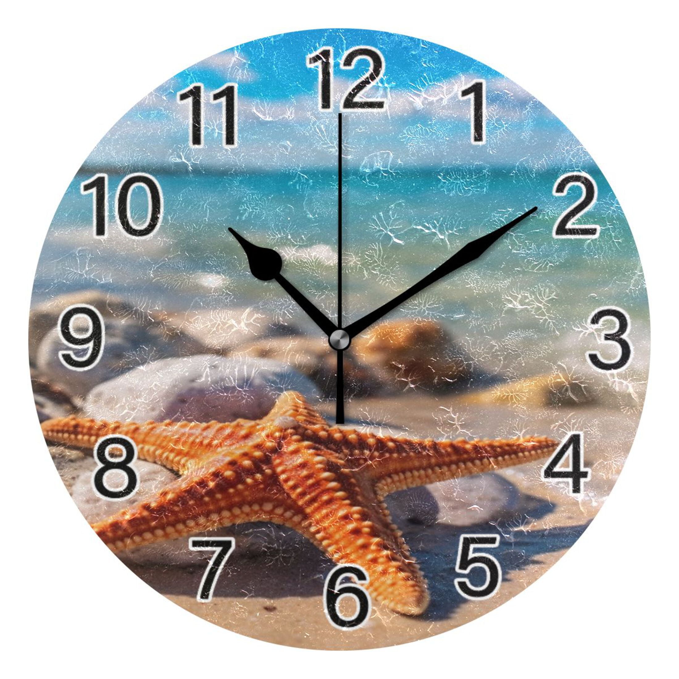 Ryvnso Starfish on Beach Wall Clock Non Ticking Silent Kitchen Clock ...