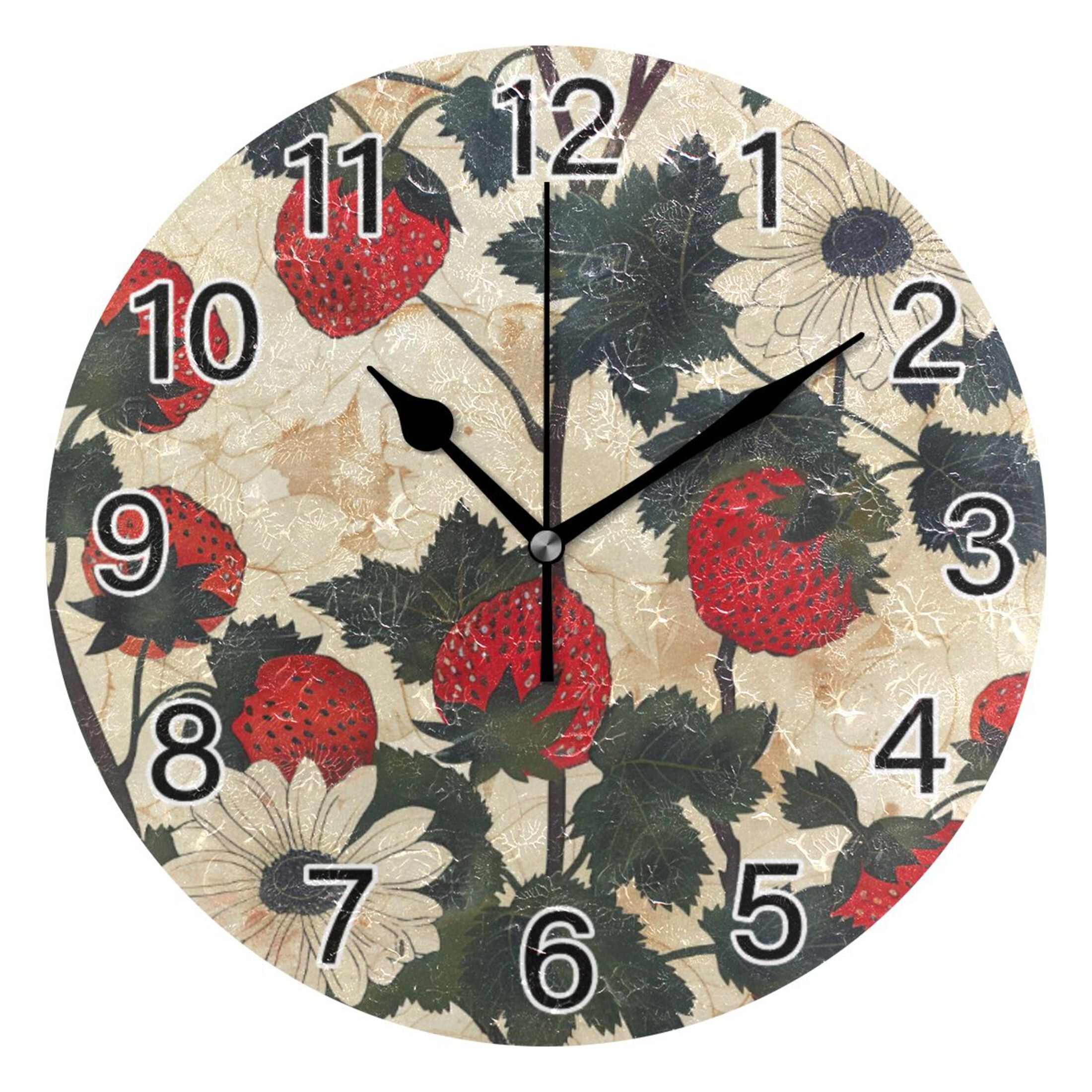 Ryvnso Strawberry Daisy Floral Retro Wall Clock Non Ticking Silent ...