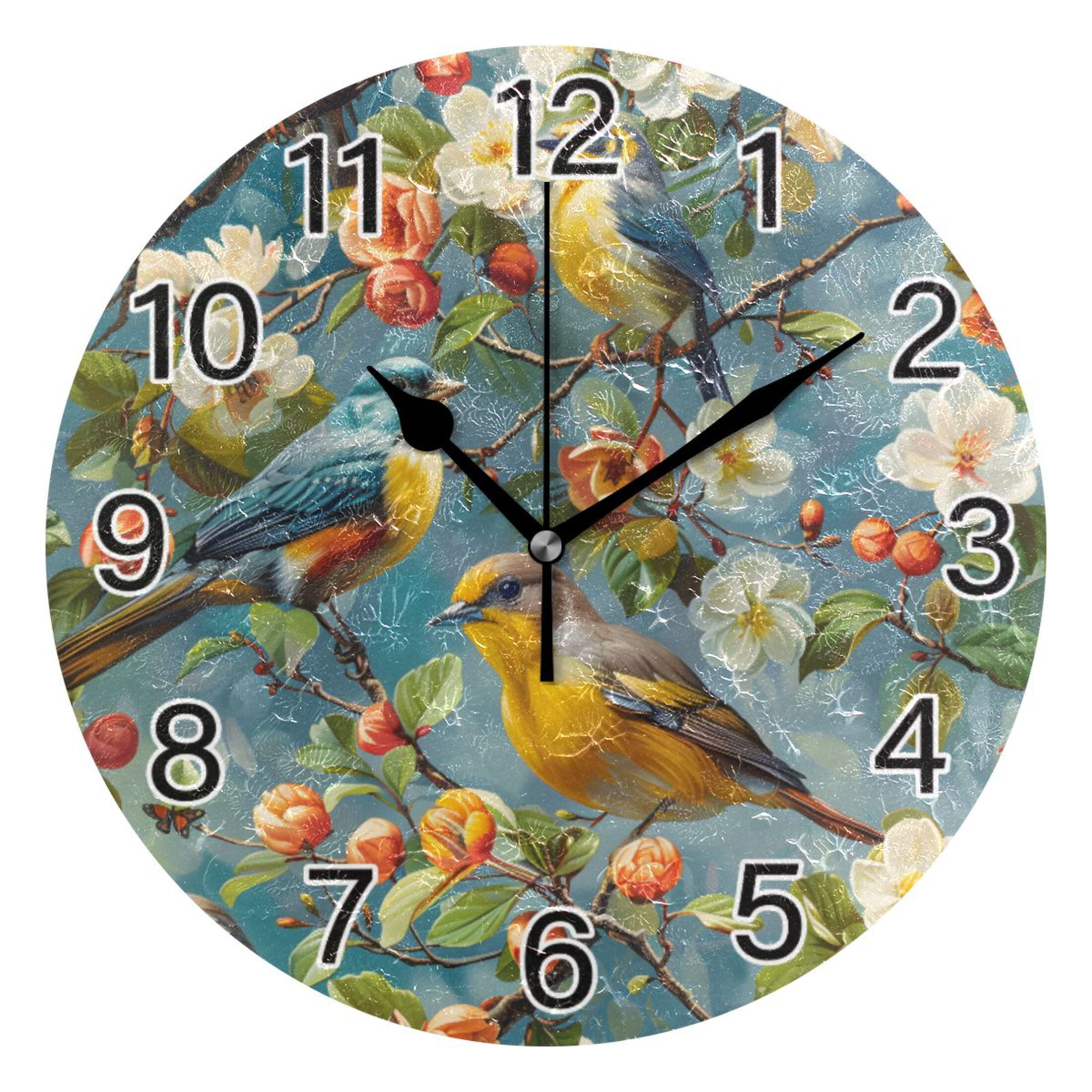 Ryvnso Summer Birds Jasmine Flower Wall Clock Non Ticking Silent ...