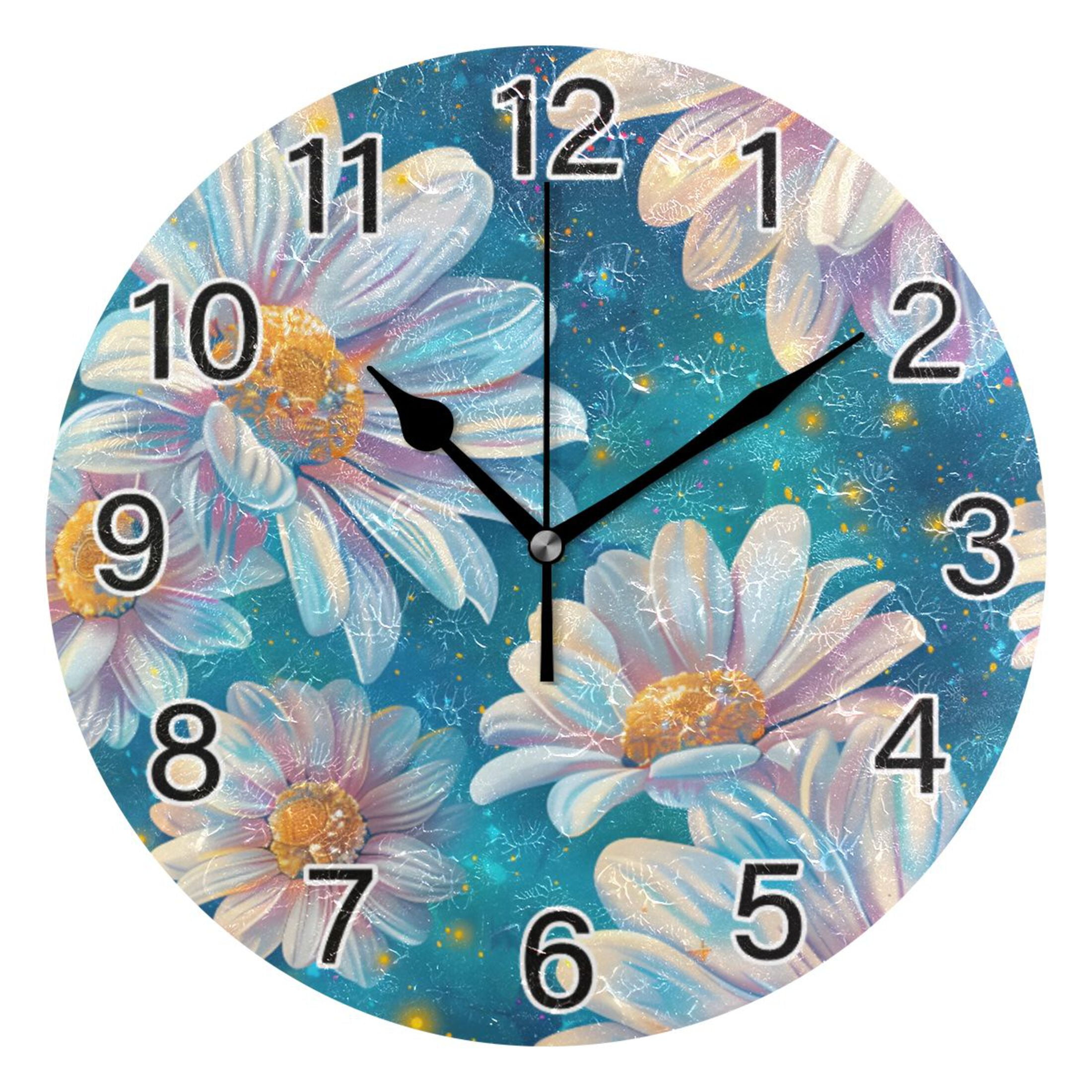 Ryvnso Summer Daisies Flowers Wall Clock Non Ticking Silent Kitchen ...